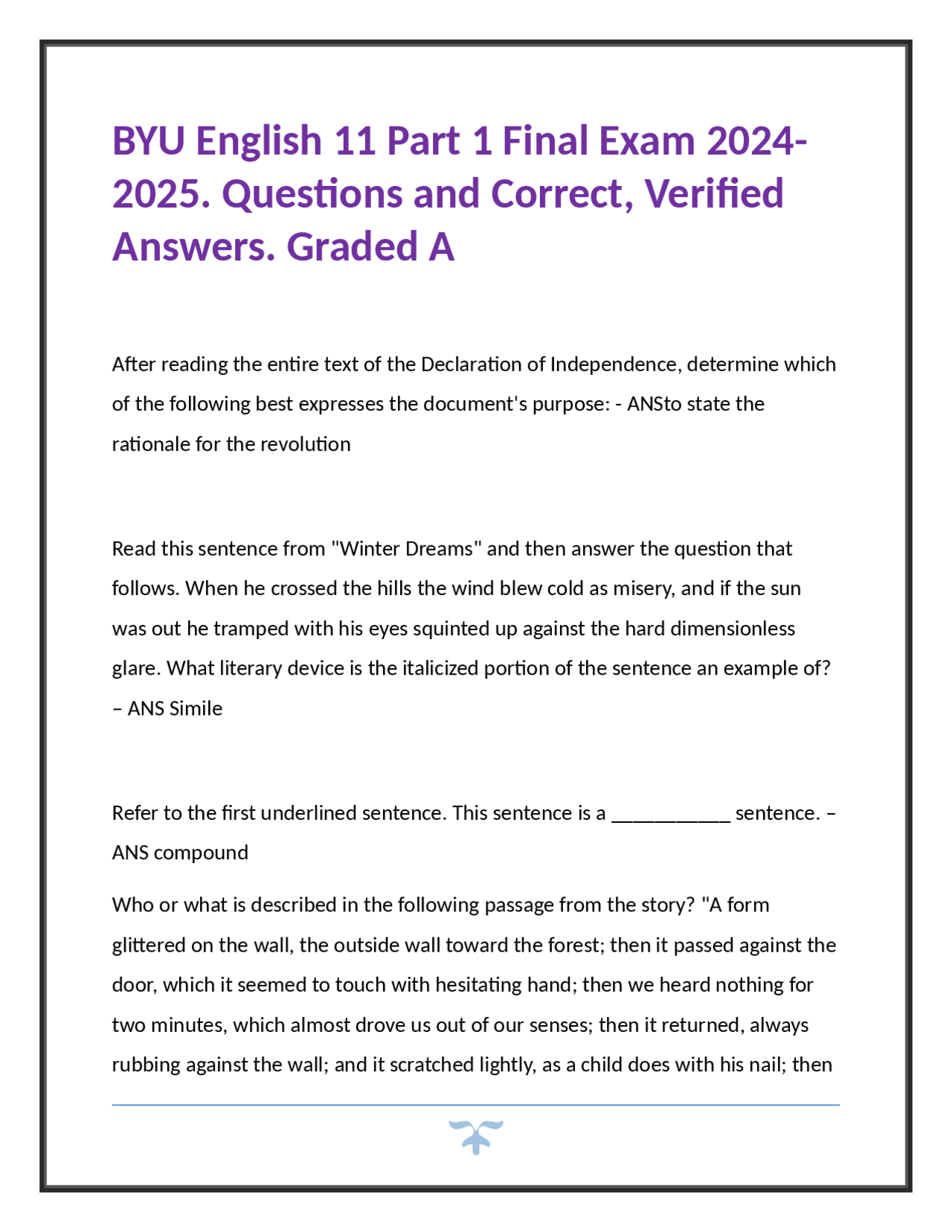 BYU English 11 Part 1 Final Exam 2024-2025. Questions & Correct ...