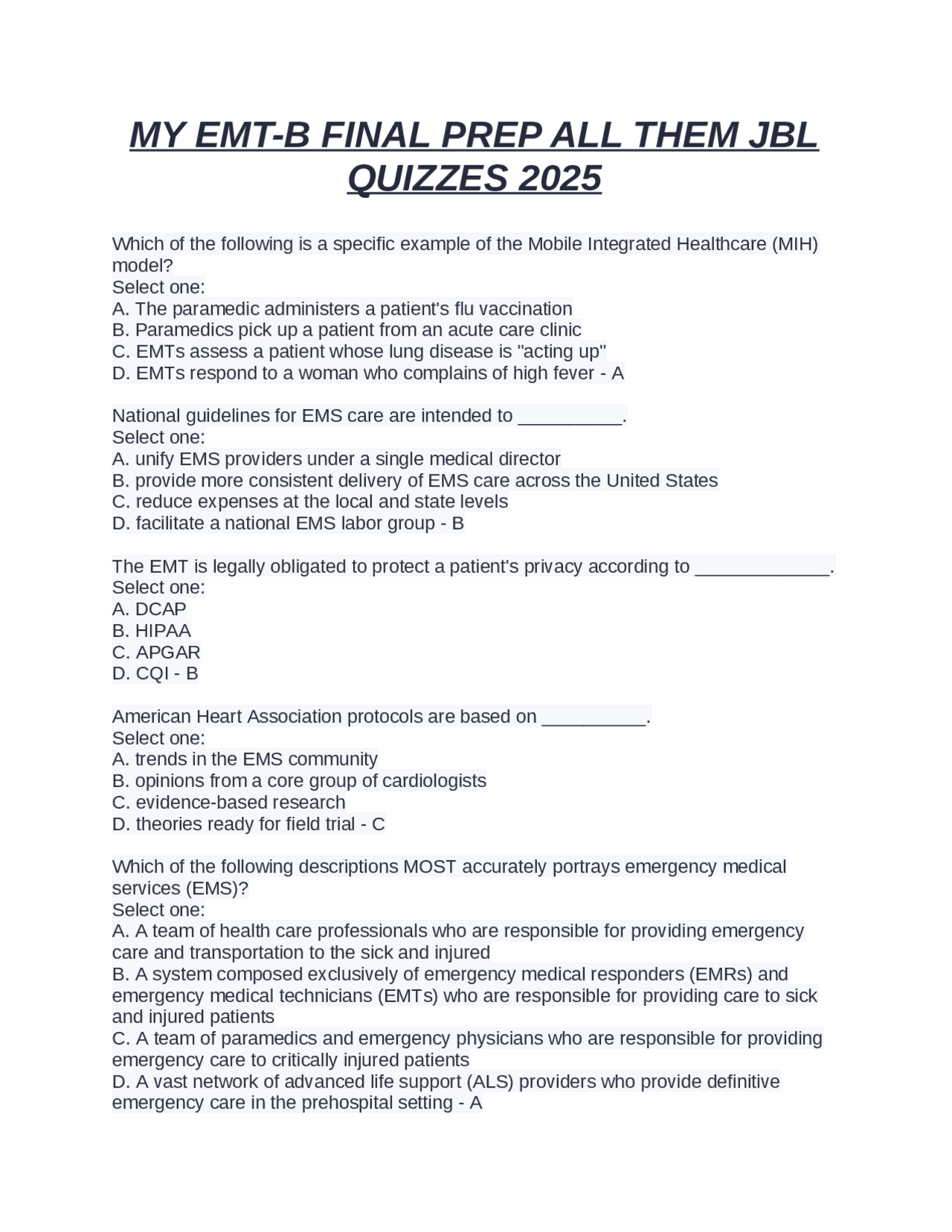 MY EMT-B FINAL PREP ALL THEM JBL QUIZZES 2025 | Exams Advanced Education | Docsity