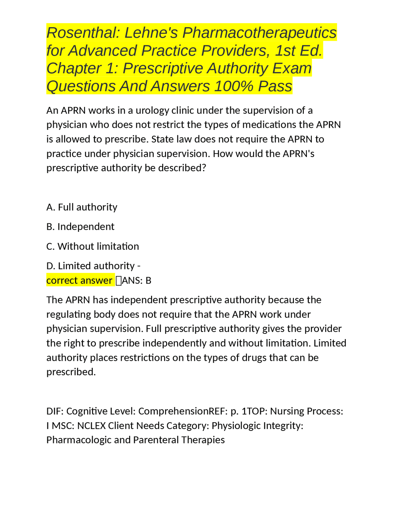 Prescriptive Authority Exam Questions and Answers for Advanced Practice ...