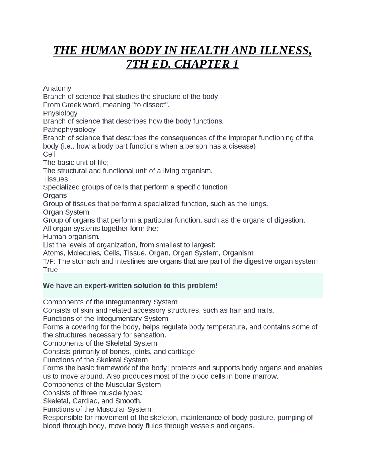 Human Anatomy and Physiology: Introduction to the Levels of ...