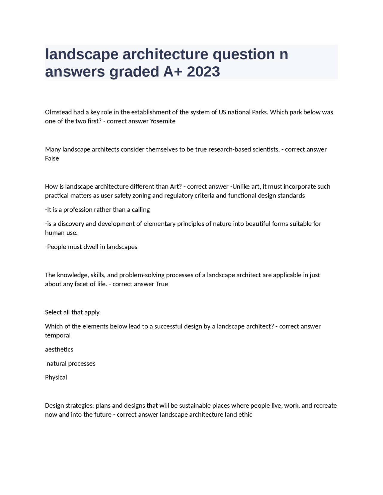 landscape architecture question n answers graded A.docx | Exams Nursing ...