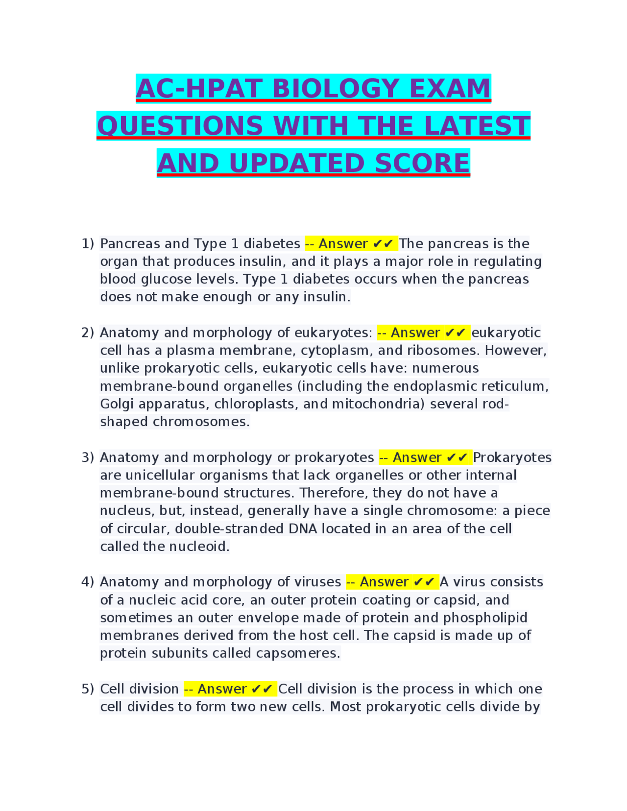 AC-HPAT BIOLOGY EXAM QUESTIONS WITH THE LATEST AND UPDATED SCORE ...