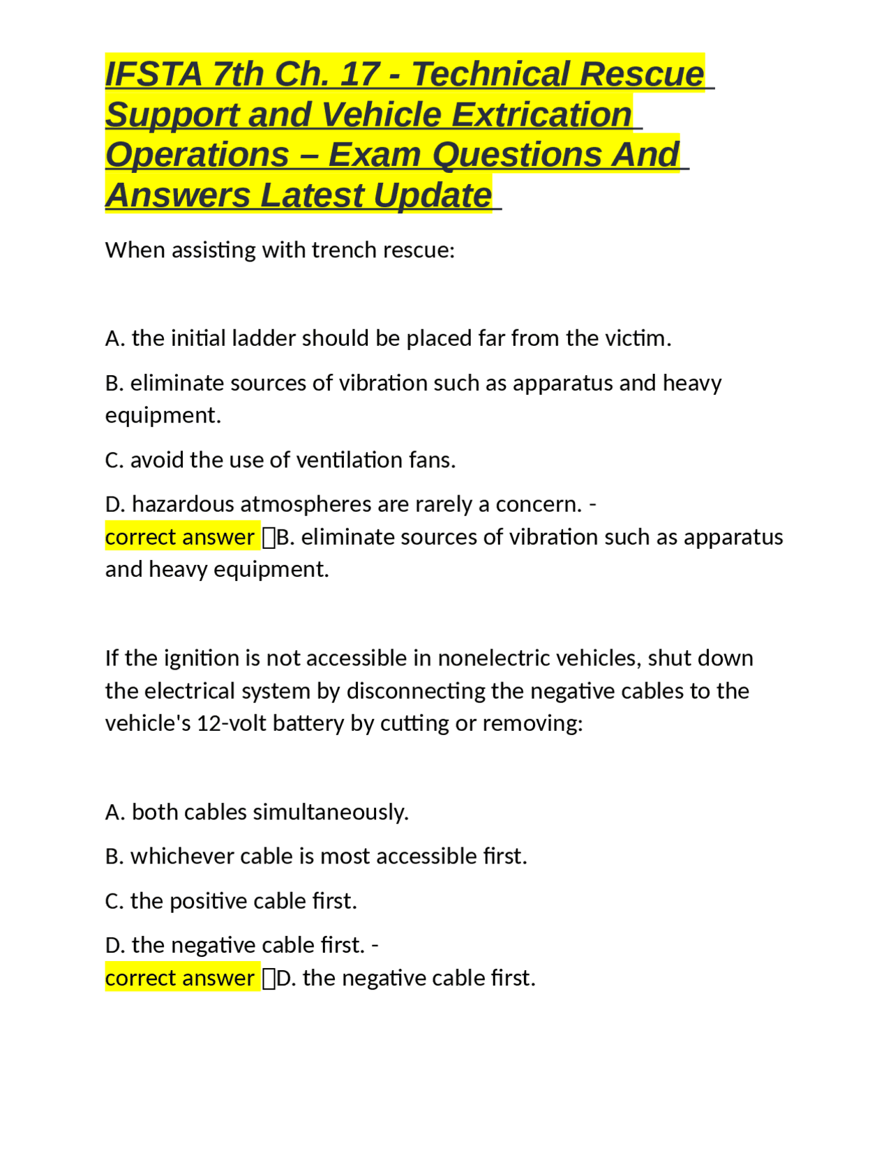 Technical Rescue and Vehicle Extrication: IFSTA Ch. 17 Exam Q&A | Exams ...