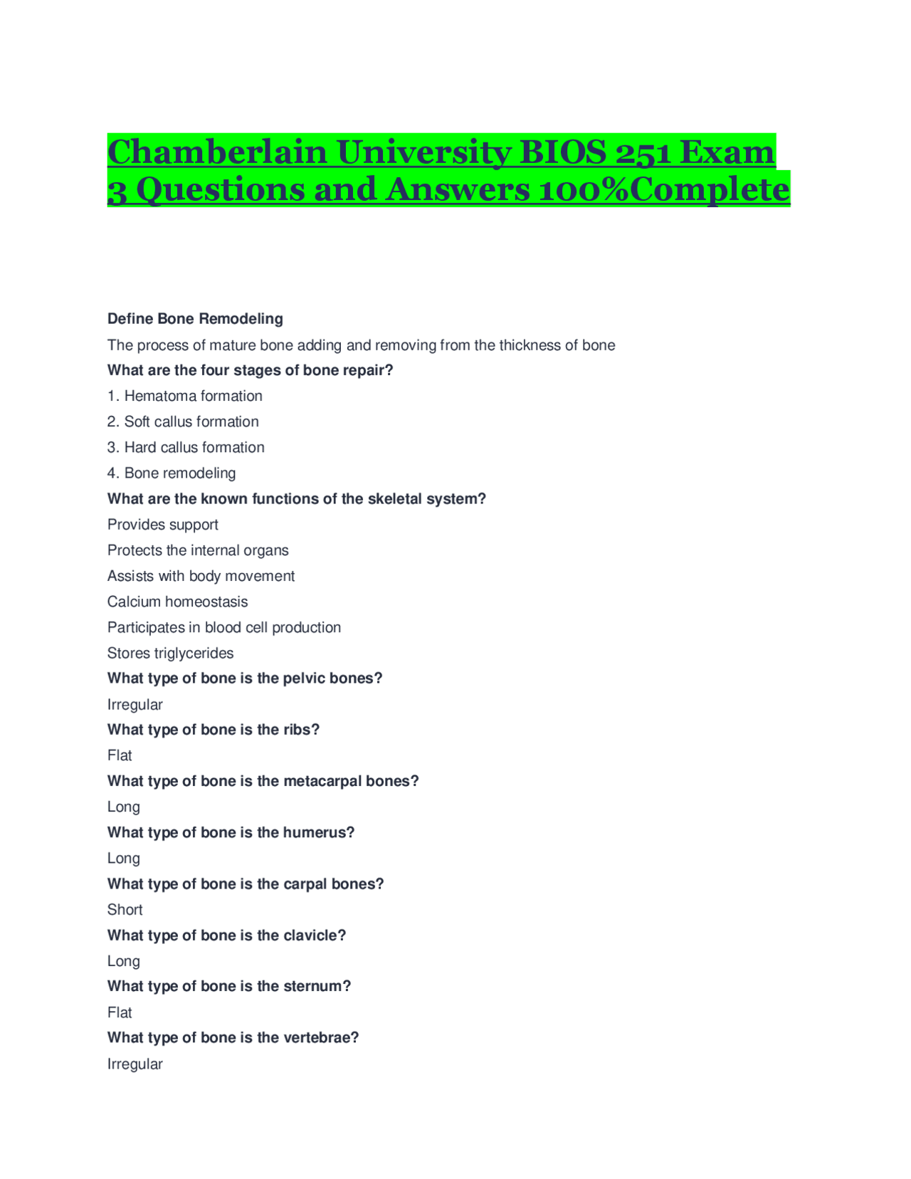 Chamberlain University BIOS 251 Exam 3 Questions and Answers 100 ...
