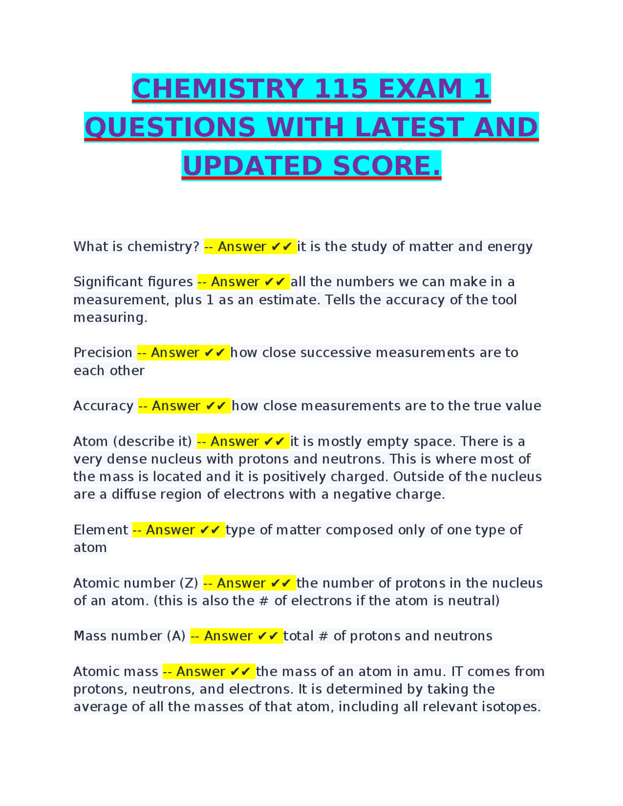 Chemistry 115 Exam 1: Questions and Answers | Exams Chemistry | Docsity
