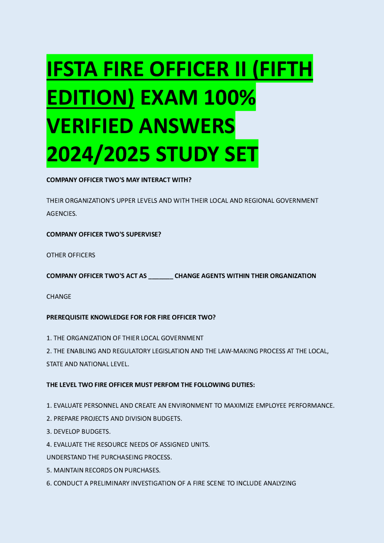 IFSTA FIRE OFFICER II (FIFTH EDITION) EXAM 100% VERIFIED ANSWERS 2024/ ...