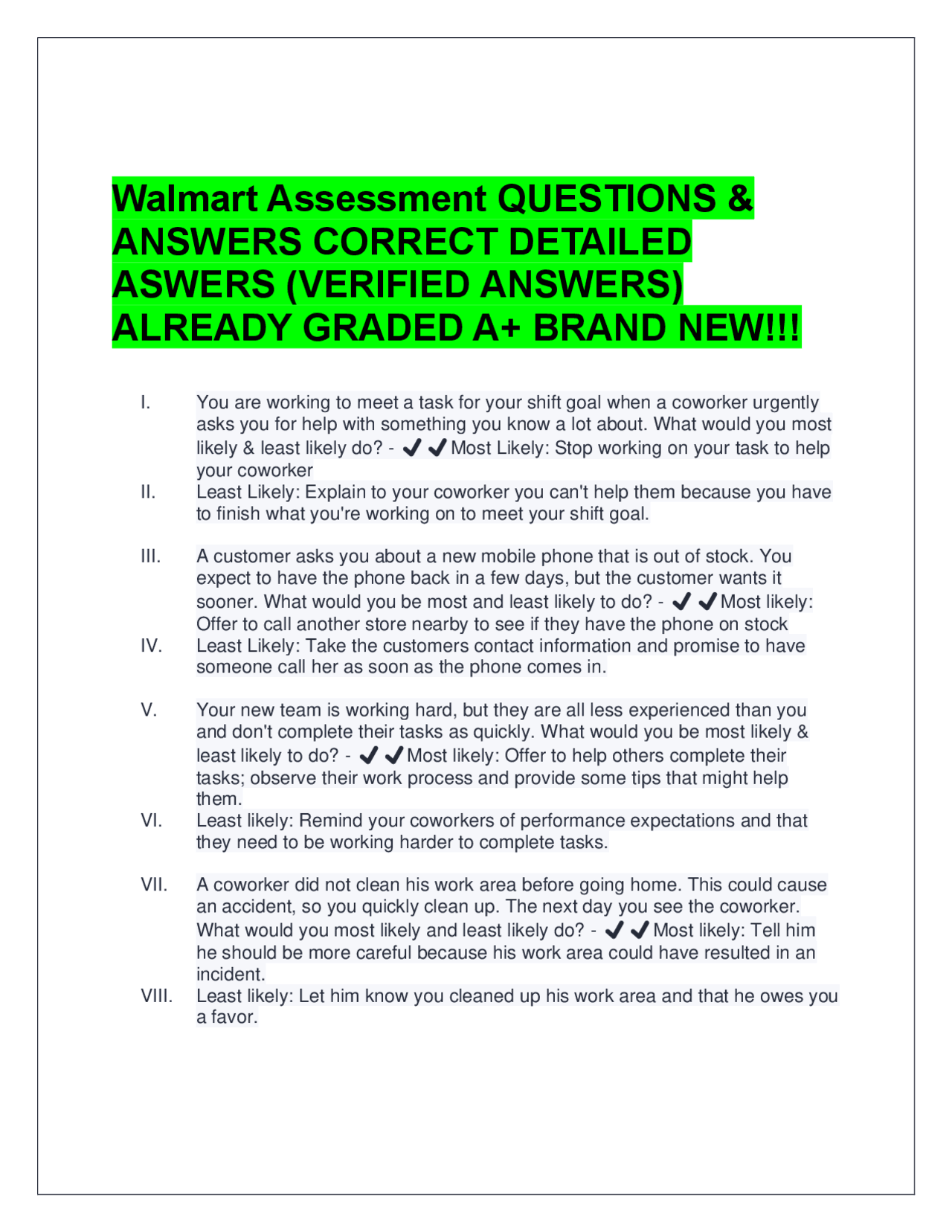 Walmart Assessment QUESTIONS & ANSWERS CORRECT DETAILED ASWERS ...
