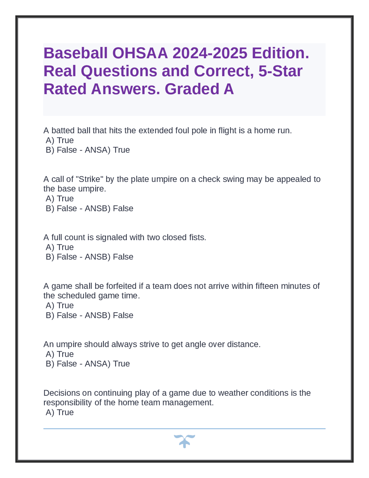 Baseball OHSAA 2024-2025 Edition. Real Questions & Correct, 5-Star ...