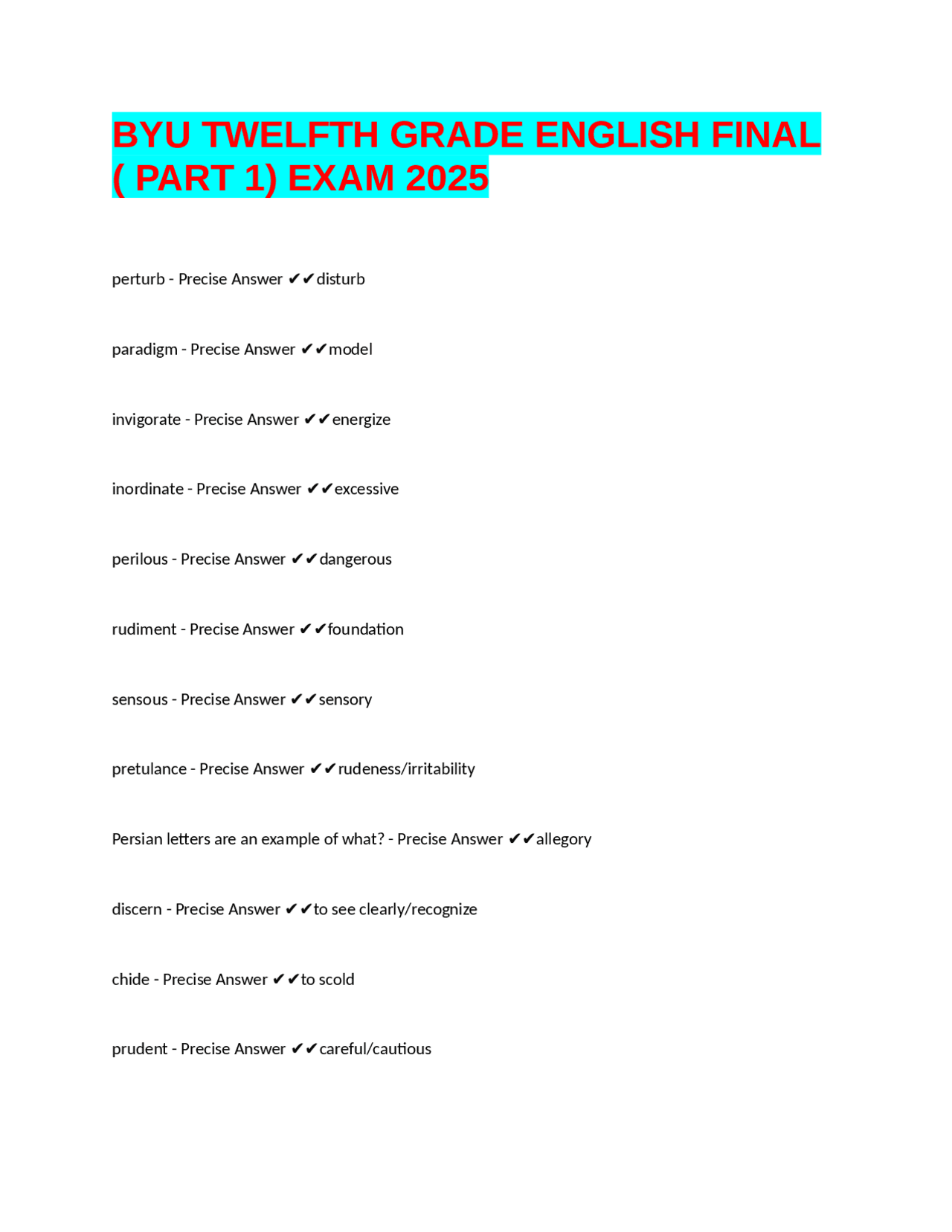 BYU Twelfth Grade English Final Exam (Part 1) 2025: Questions and ...