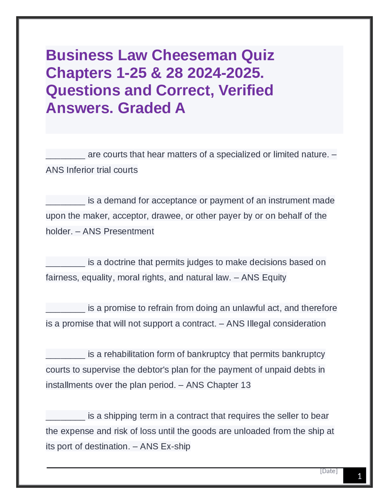 Business Law Cheeseman Quiz: Chapters 1-25 & 28 | Exams Business ...