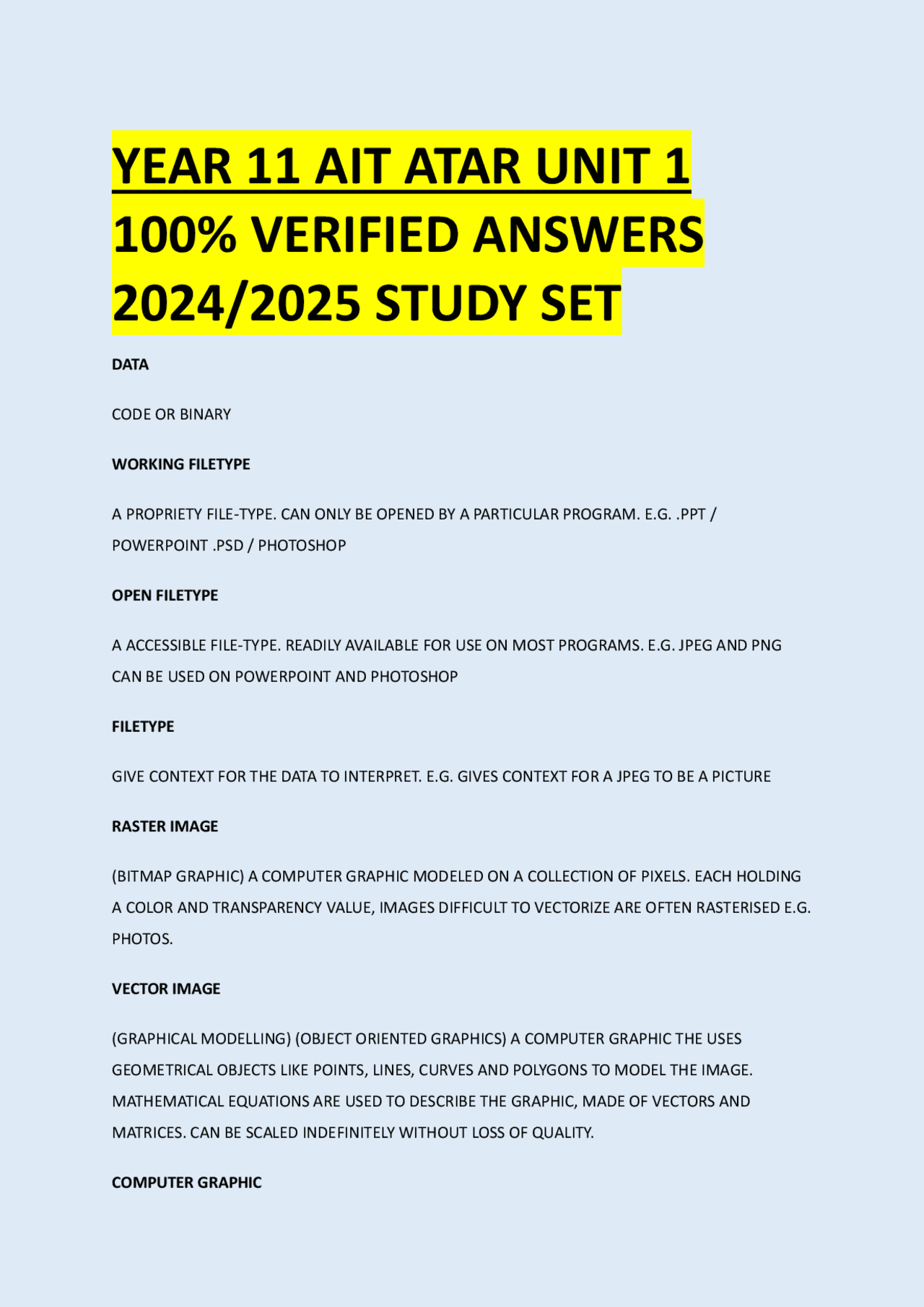 YEAR 11 AIT ATAR UNIT 1 100% VERIFIED ANSWERS 2024/2025 STUDY SET | Exams Organization and ...