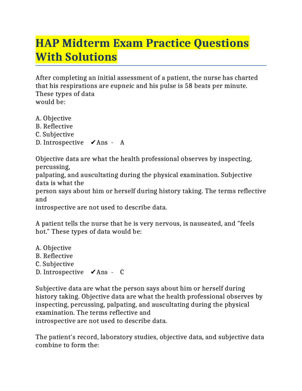 HAP Midterm Exam Practice Questions With Solutions | Exams Public Health | Docsity