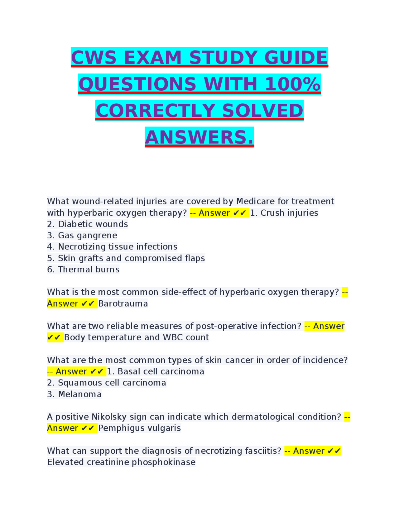CWS EXAM STUDY GUIDE QUESTIONS WITH 100% CORRECTLY SOLVED ANSWERS. | Exams Nursing | Docsity