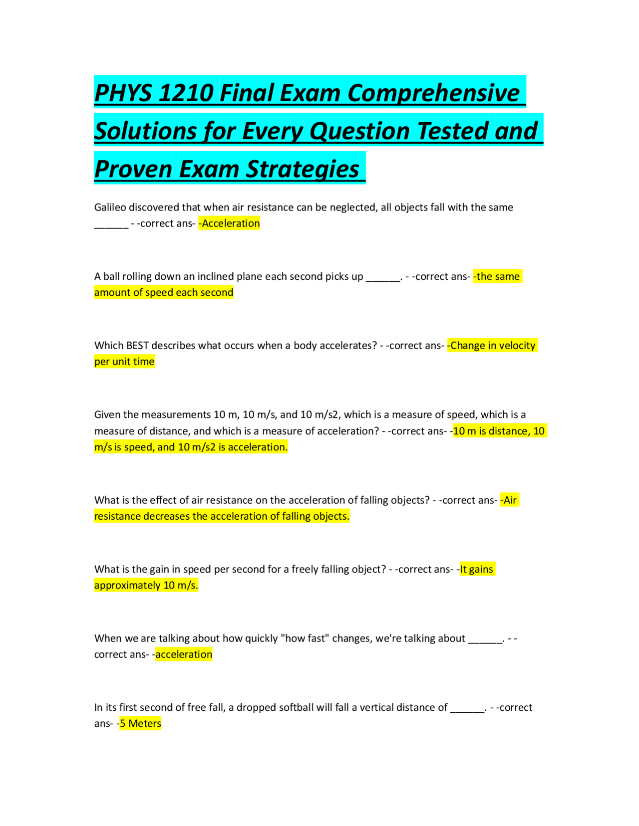 PHYS 1210 Final Exam Comprehensive: Solutions and Strategies | Exams Physics | Docsity