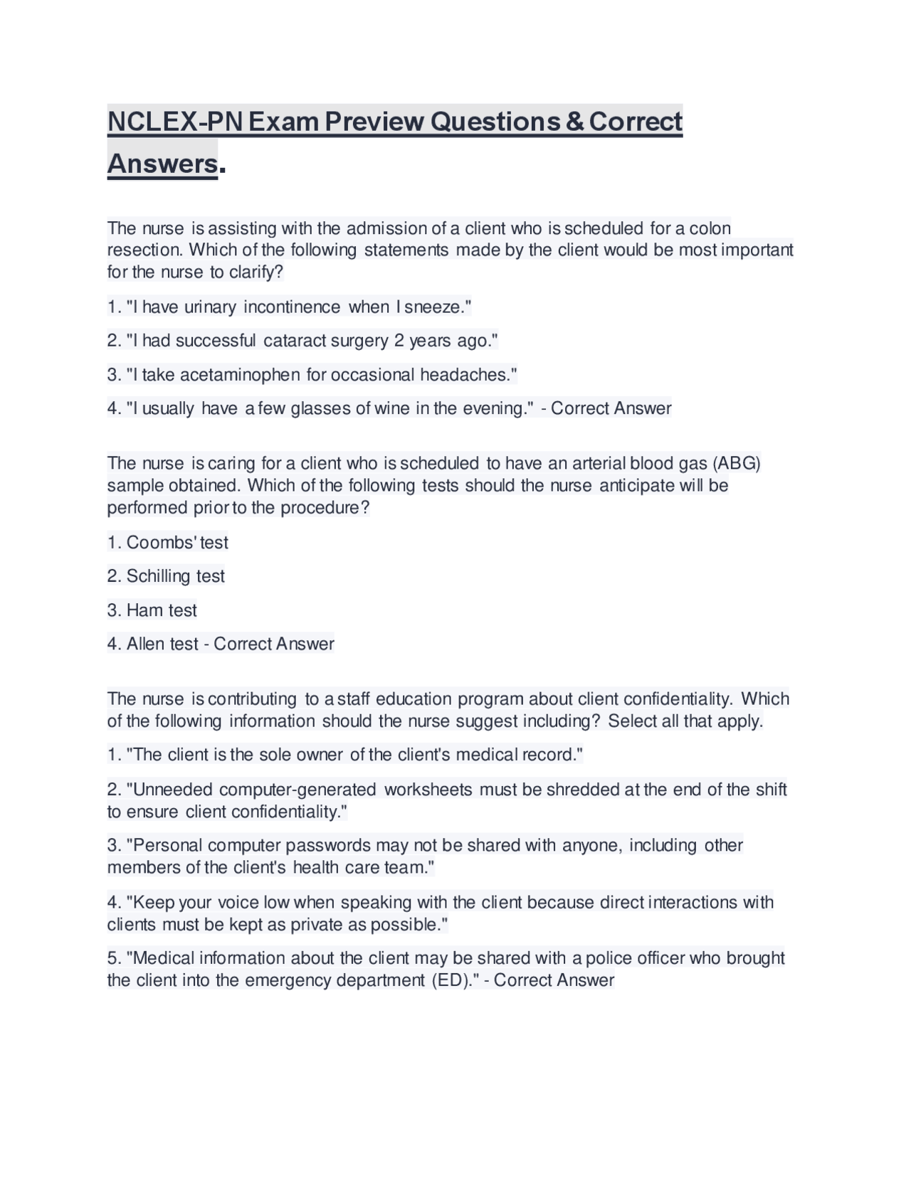 NCLEX-PN Exam Preview Questions & Correct Answers. | Exams Pneumatics ...