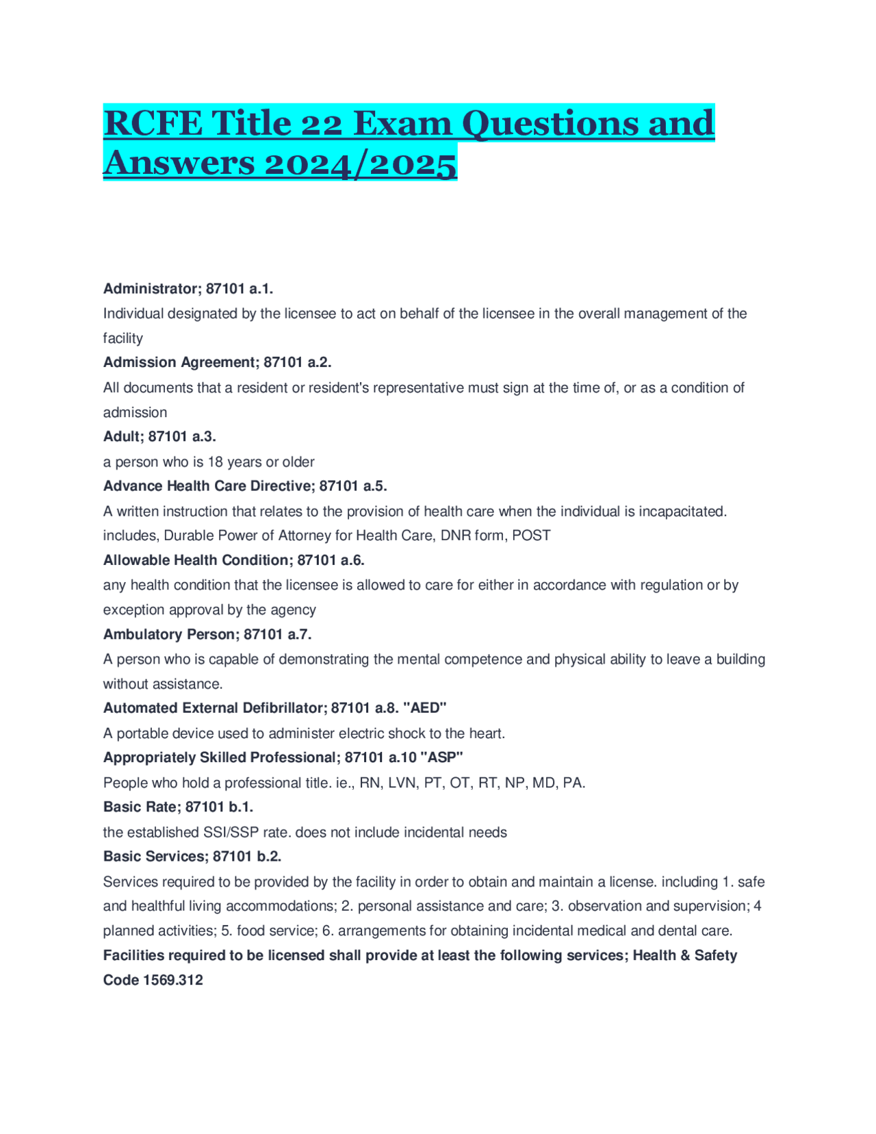 RCFE Title 22 Exam Questions and Answers: A Glossary of Key Terms for ...