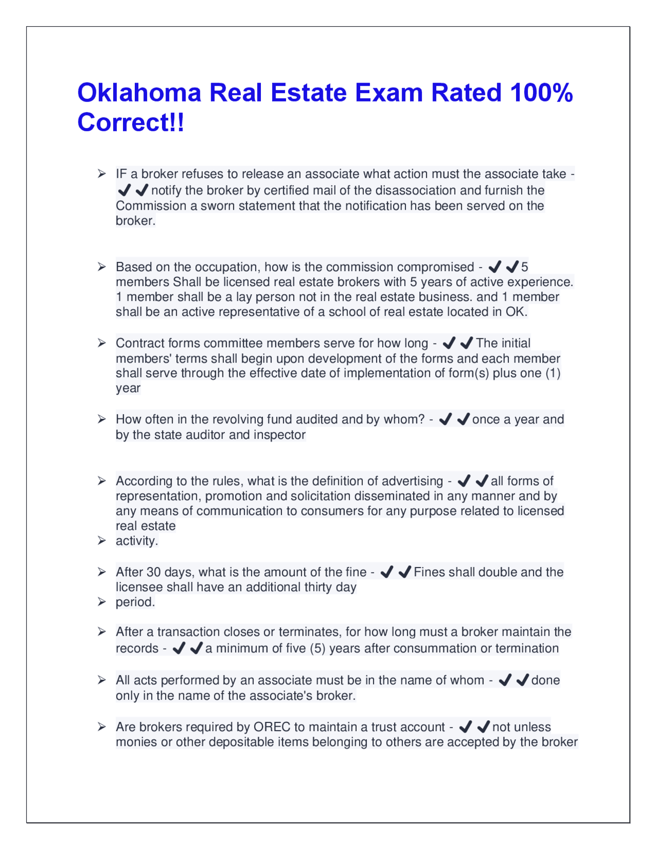 Oklahoma Real Estate Exam Questions and Answers | Exams Real Estate ...