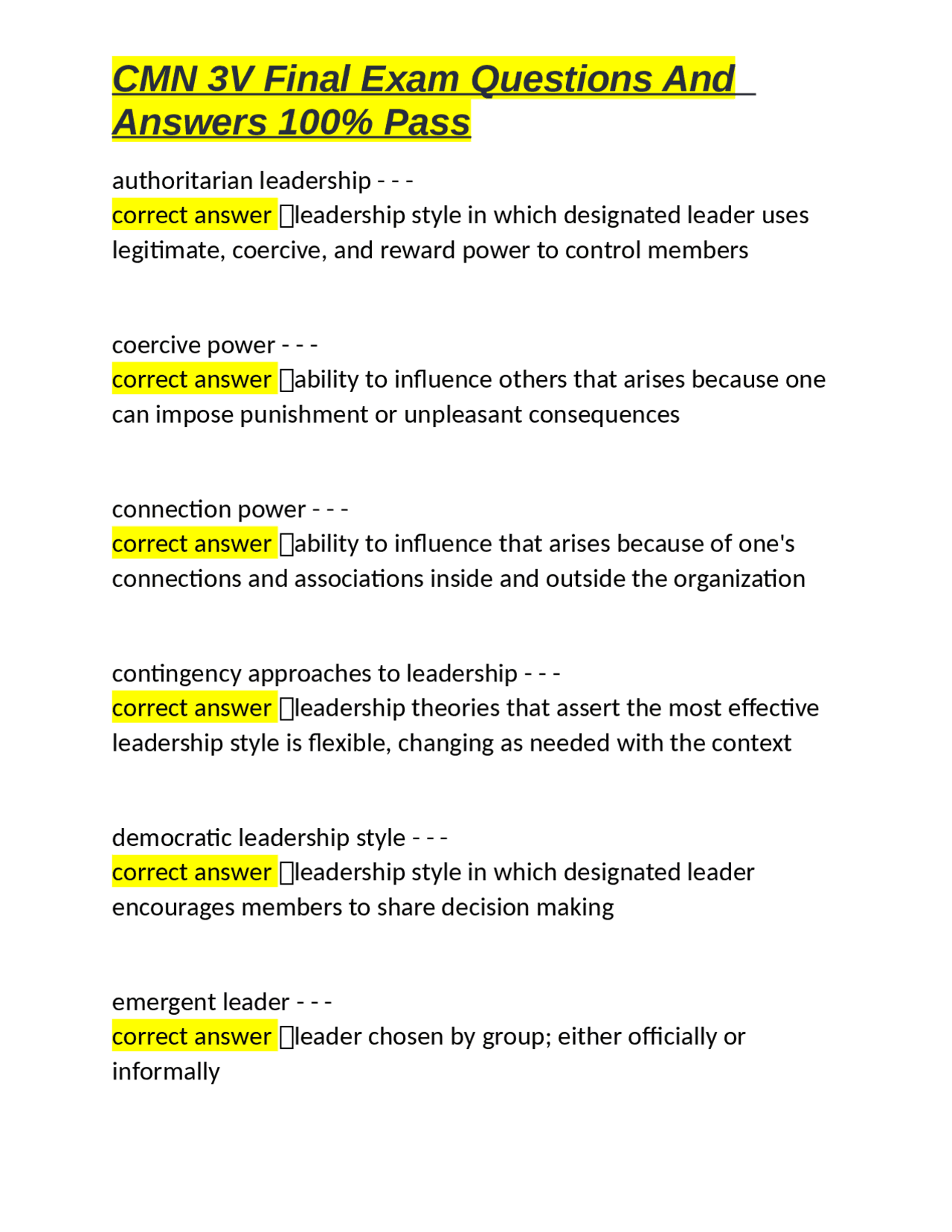 CMN 3V Final Exam Questions and Answers | Exams Social Sciences | Docsity