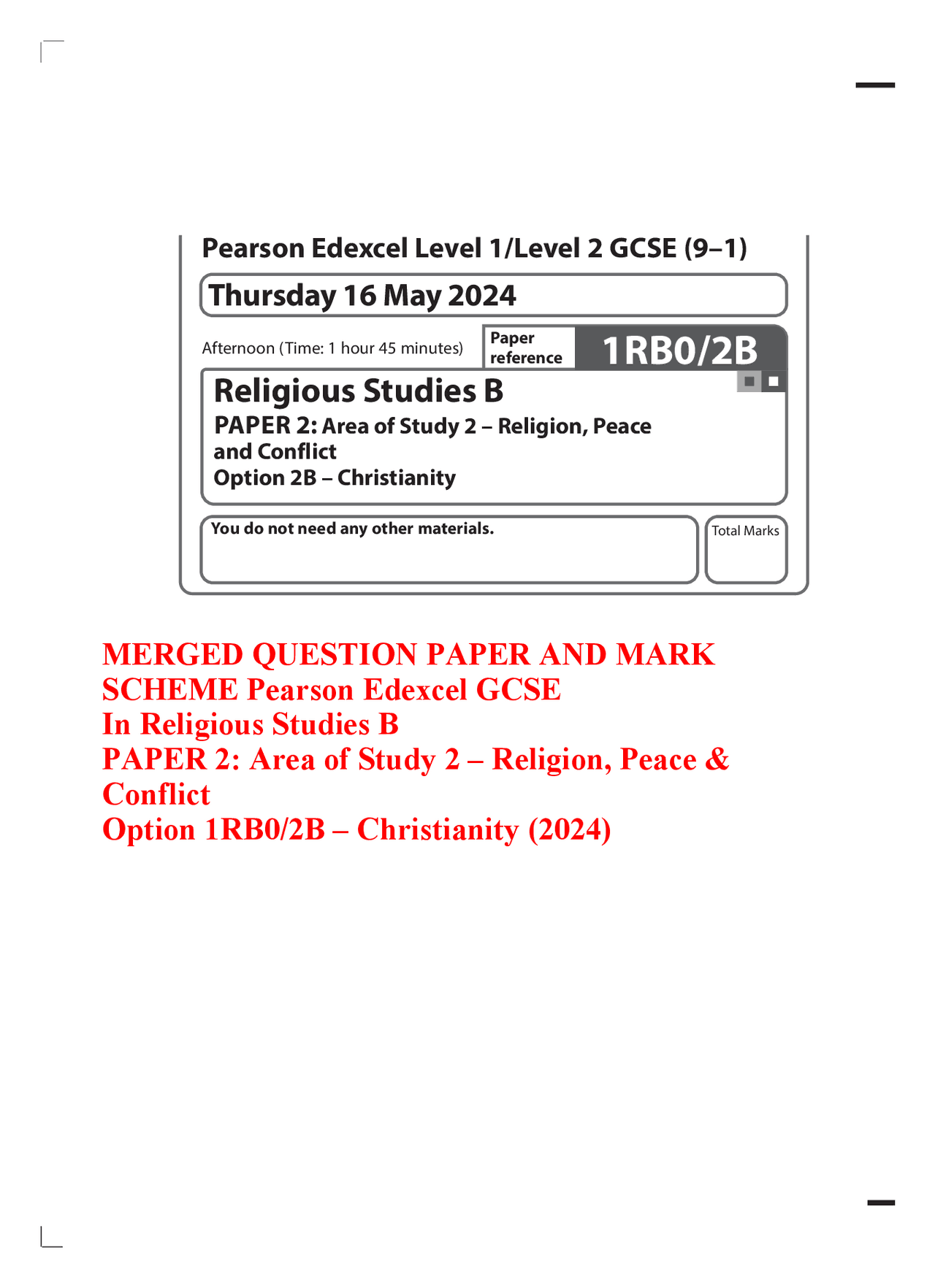 GCSE Religious Studies B: Christianity, Peace and Conflict - Exam ...