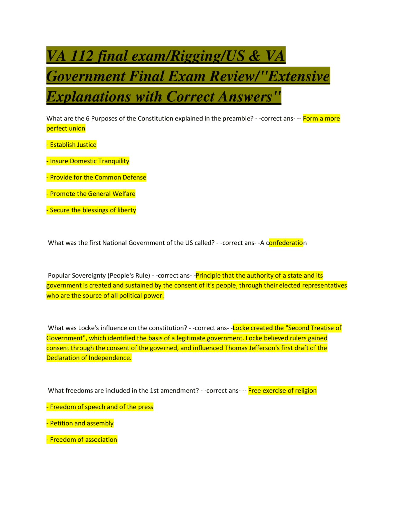 US & VA Government Final Exam Review: Key Concepts and Answers | Exams ...