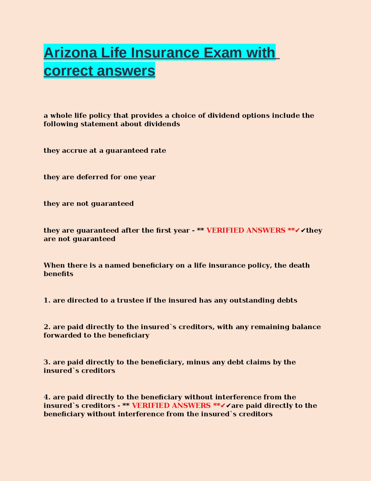 Life Insurance Exam Questions and Answers | Exams Insurance law | Docsity