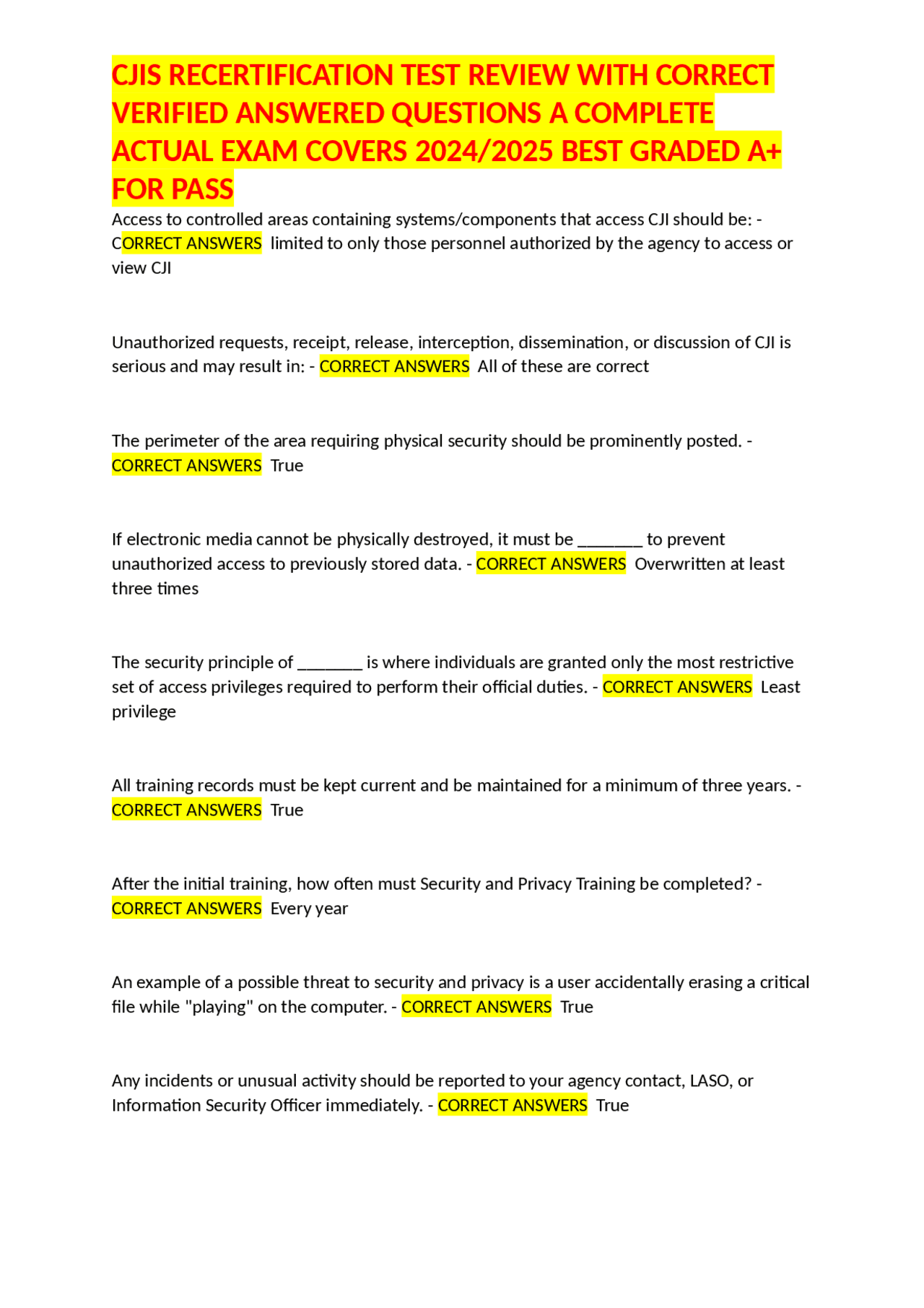 CJIS Recertification Test Review: Verified Answers & Complete Coverage ...