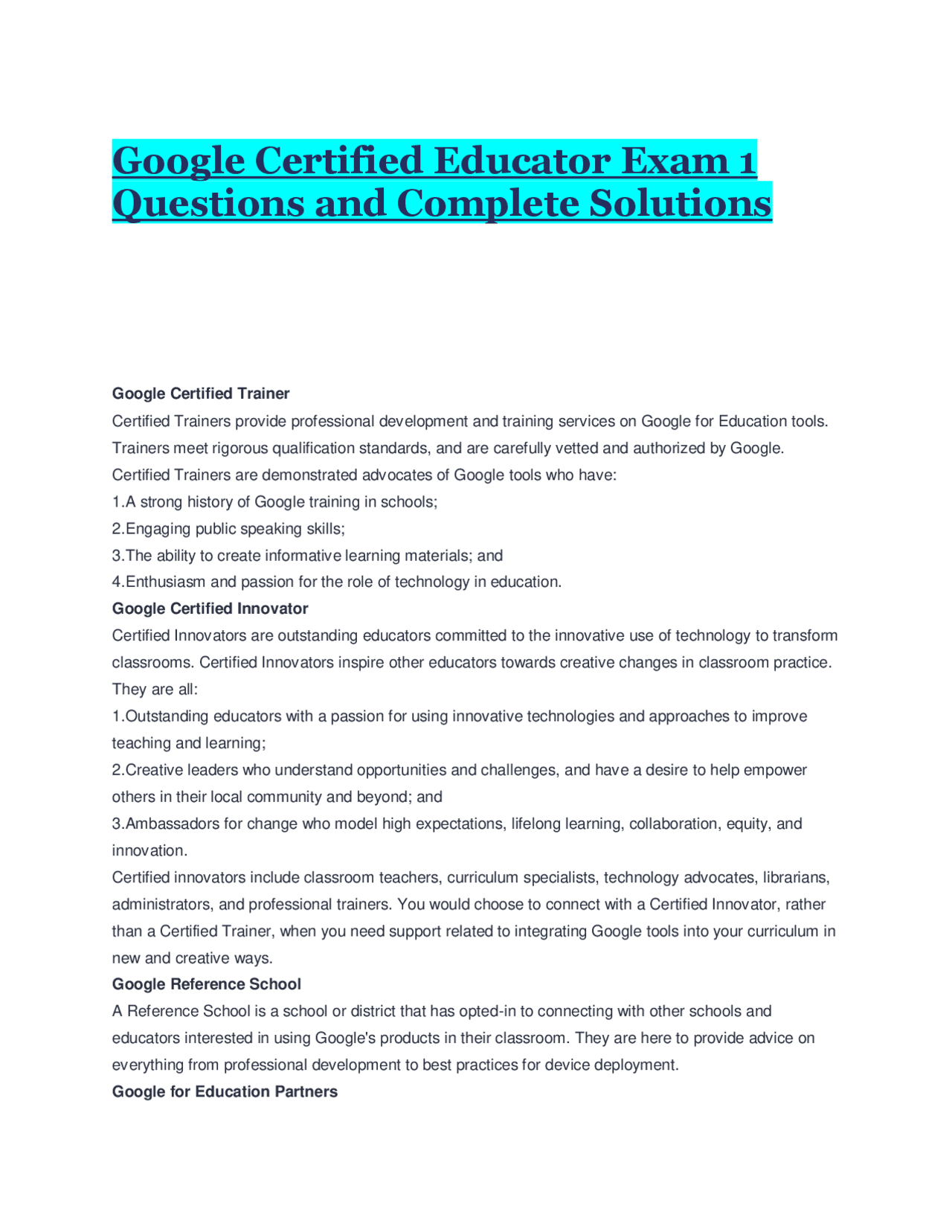 Google Certified Educator Exam 1: Questions and Complete Solutions ...