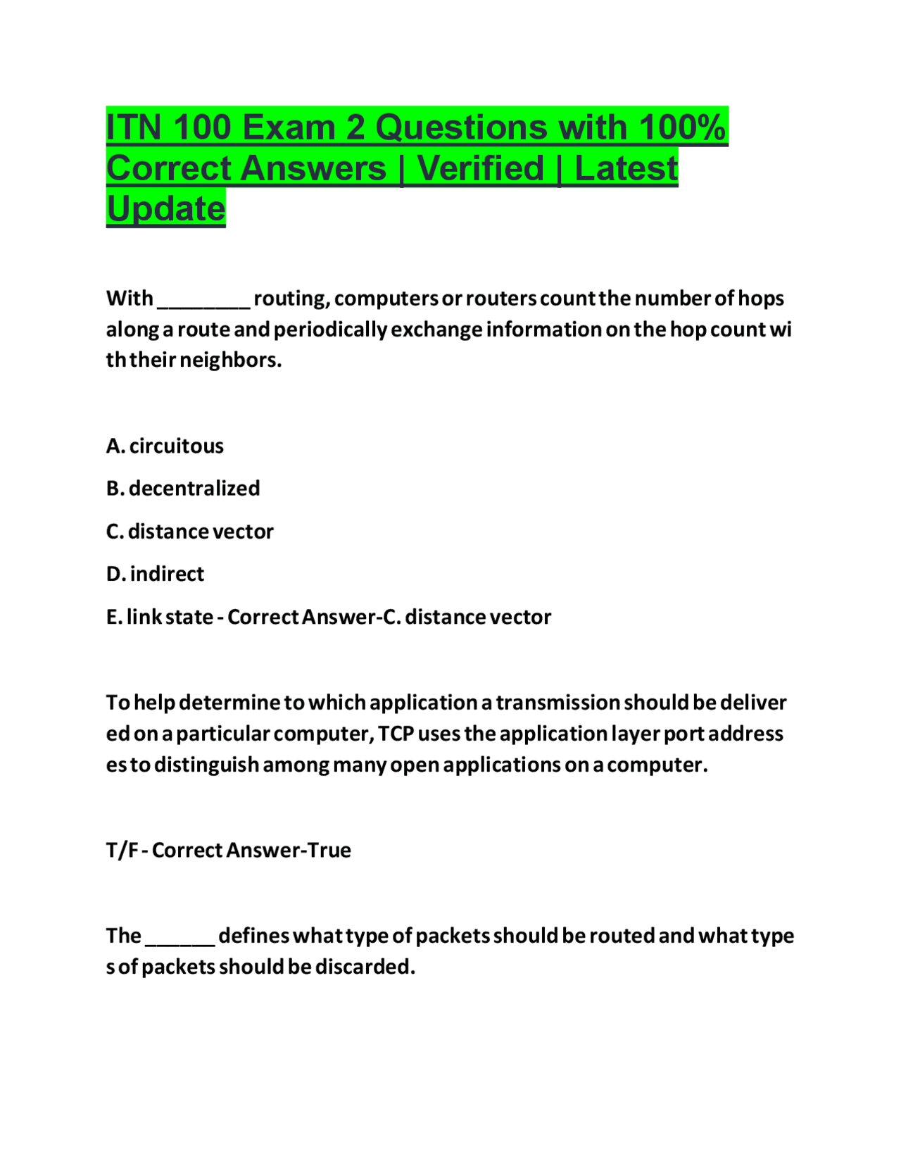 ITN 100 Exam 2 Questions and Answers: Networking Fundamentals | Exams Advanced Education | Docsity