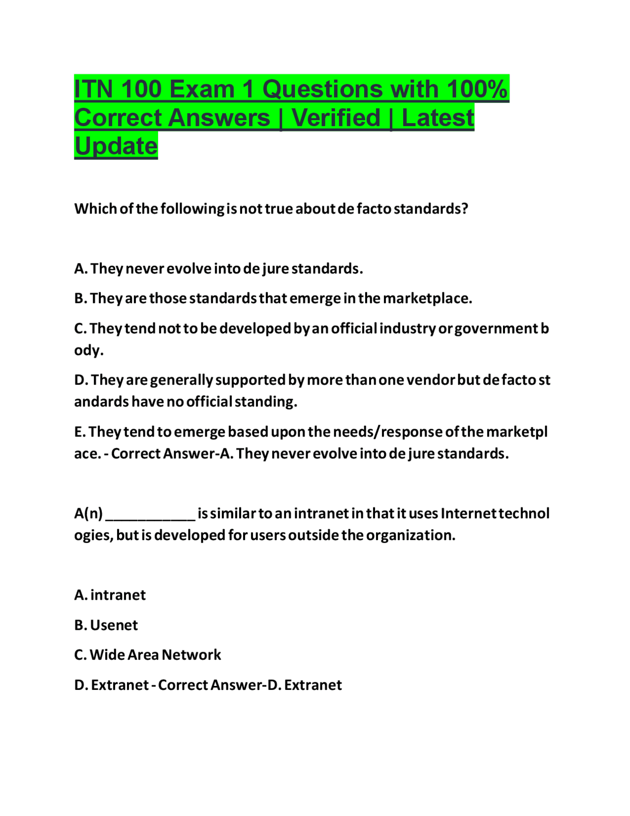 ITN 100 Exam 1 Questions and Answers: Data Communications and Networking | Exams Advanced ...