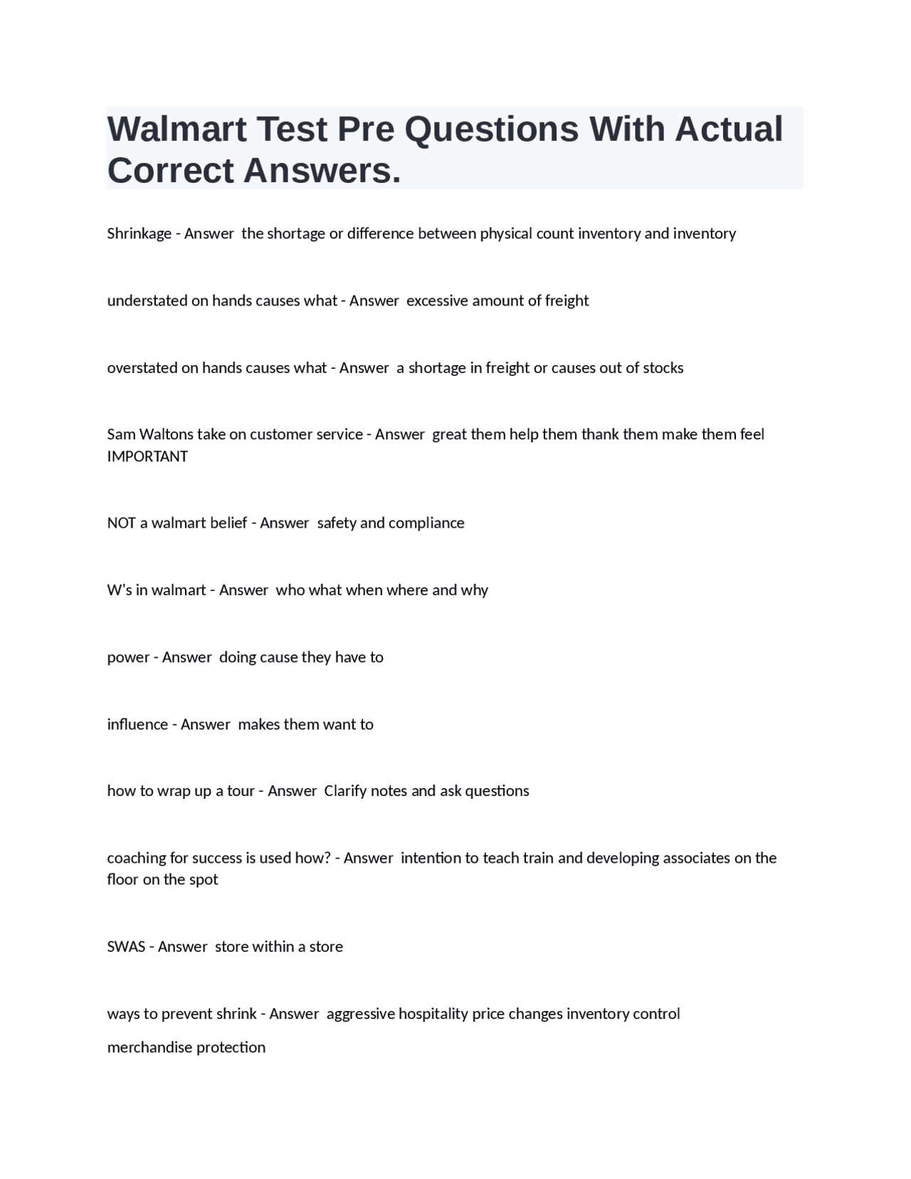 Walmart Test Preparation Questions and Answers | Exams Nursing | Docsity