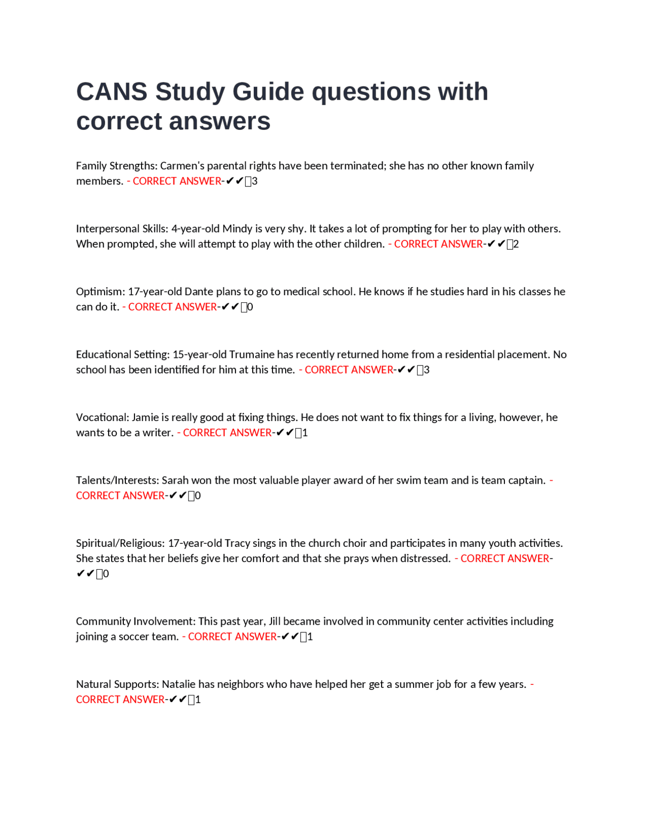 CANS Study Guide Questions and Answers | Exams Health sciences | Docsity