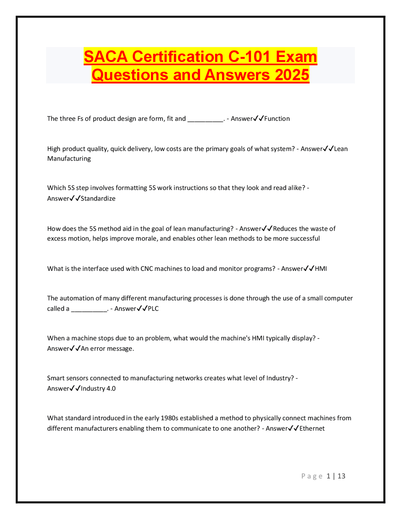 SACA Certification C-101 Exam Questions and Answers 2025 | Exams ...