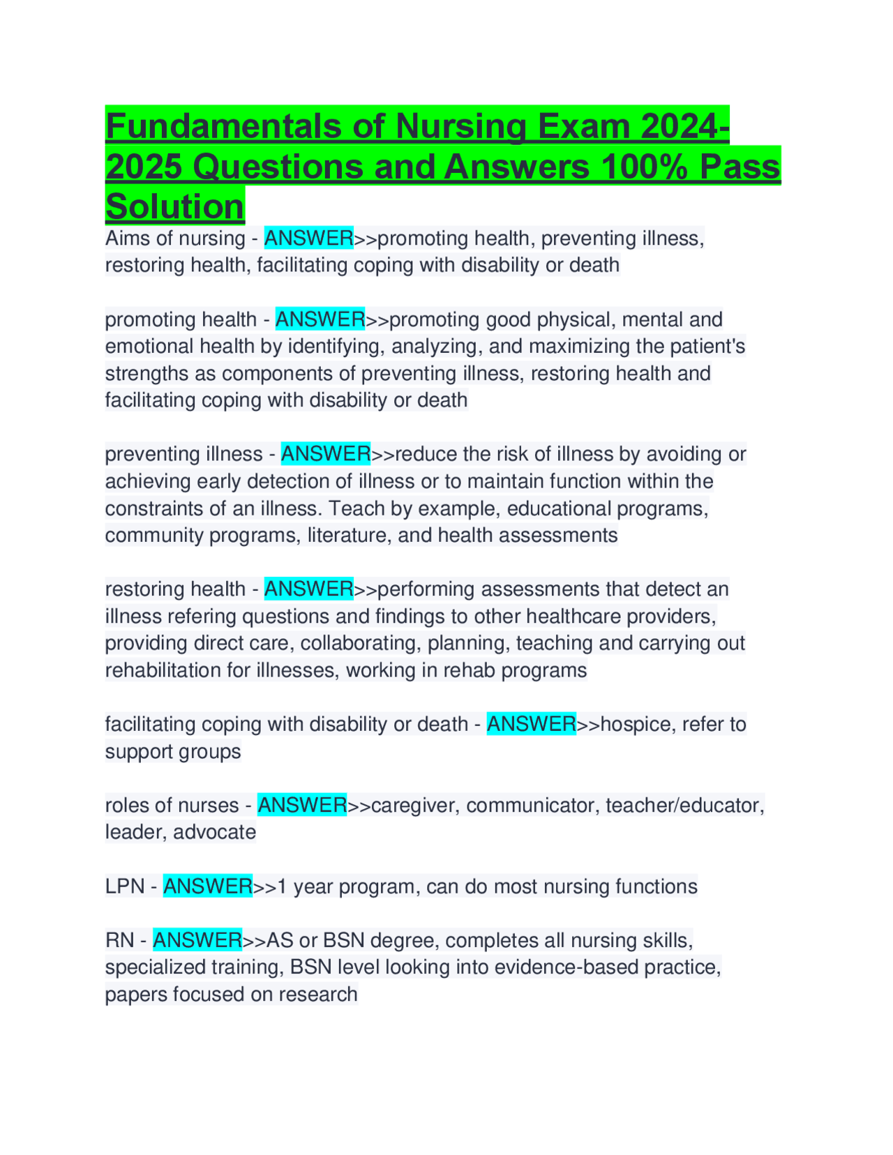 Fundamentals of Nursing Exam 20242025: Questions and Answers | Exams Nursing | Docsity