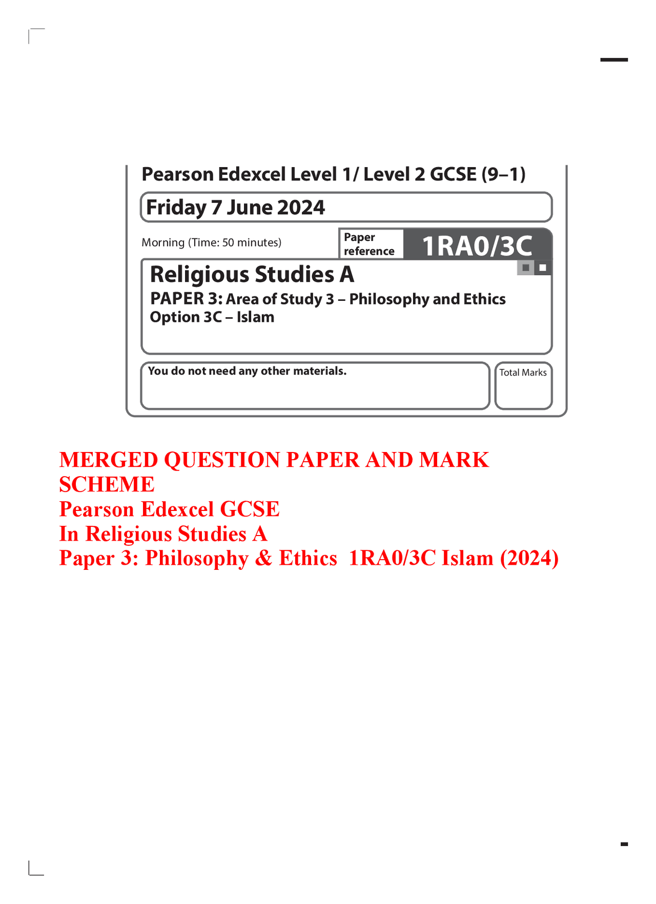 MERGED QUESTION PAPER&MARK SCHEME Pearson Edexcel GCSEIn Religious ...