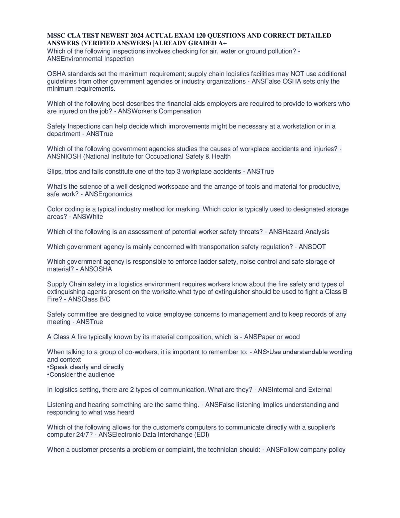 MSSC CLA Test: 2024 Actual Exam Questions and Answers | Exams Nursing ...