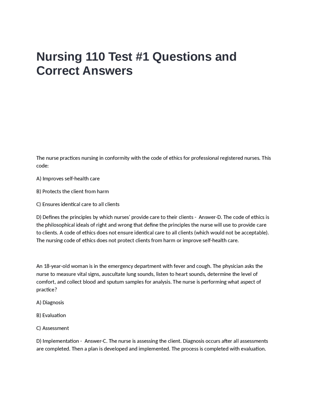Nursing 110 Test #1: Multiple Choice Questions and Answers | Exams ...