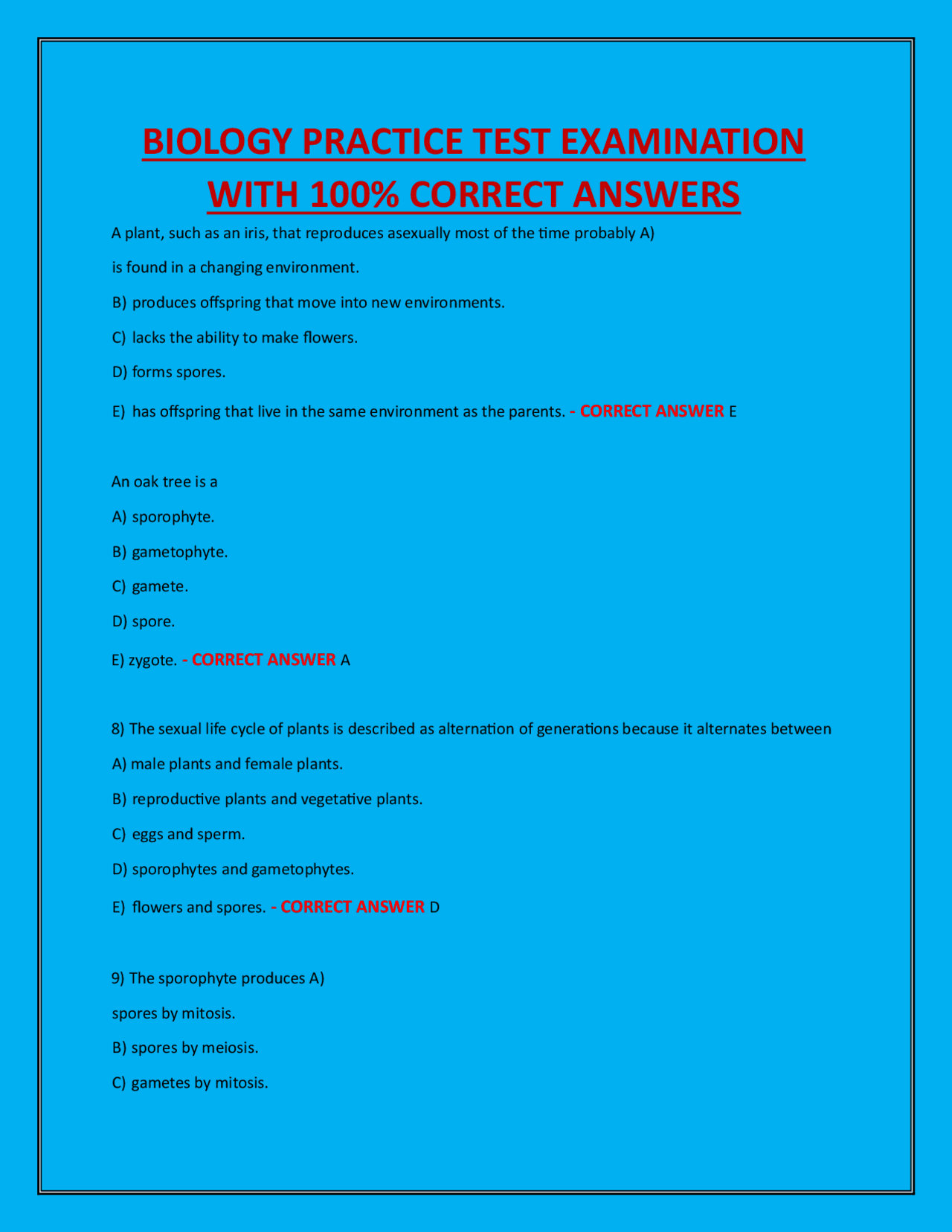 Biology Practice Test Examination: Plant Reproduction and Development ...