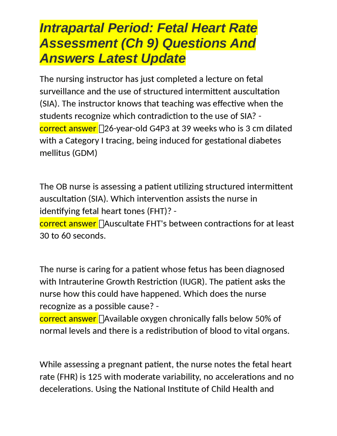 Intrapartal Fetal Heart Rate Assessment: Questions and Answers | Exams ...