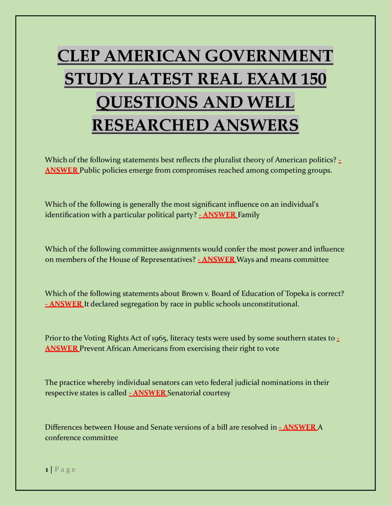 CLEP American Government Study Guide: 150 Questions and Answers | Exams ...