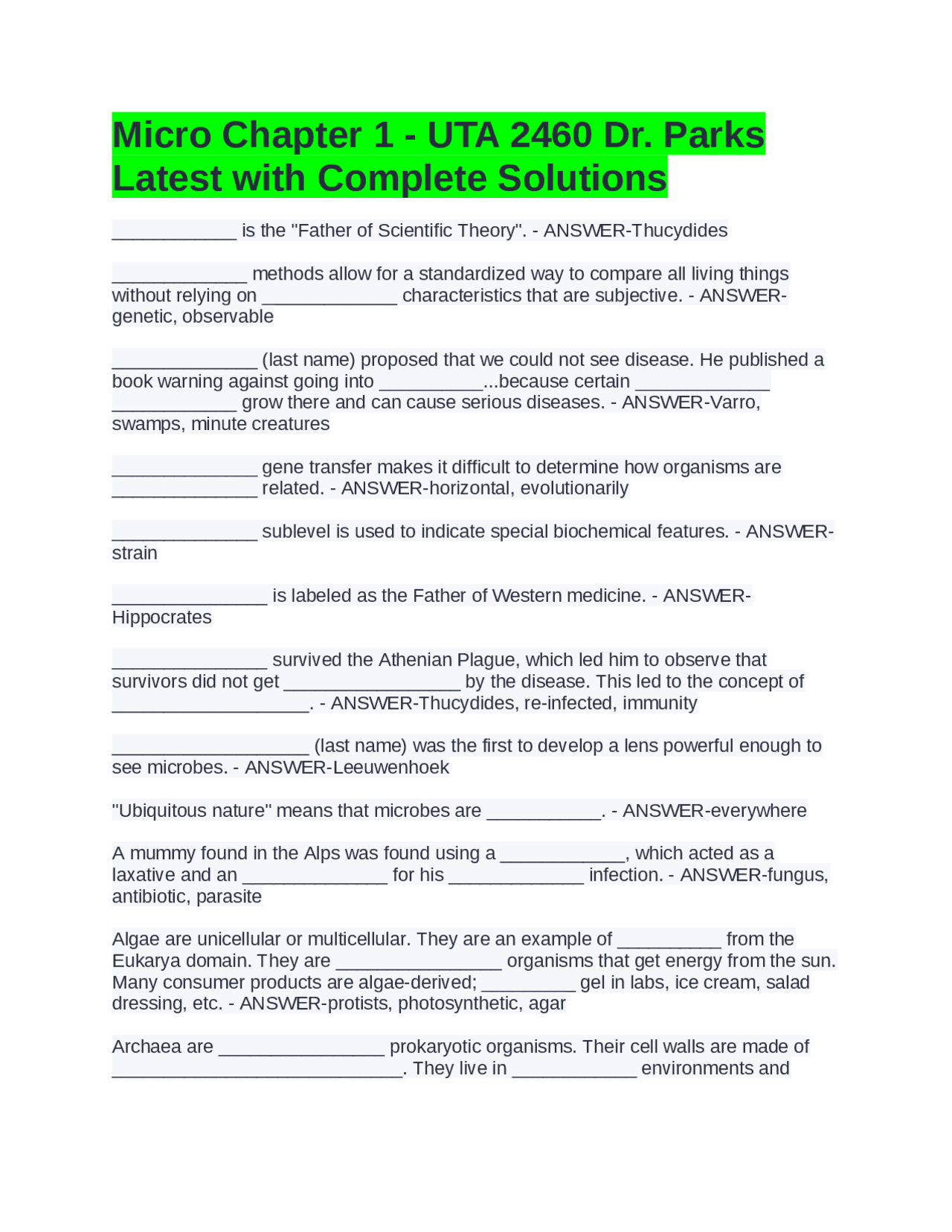 Microbiology Study Guide: Chapter 1 - UTA 2460 Dr. Parks | Exams ...