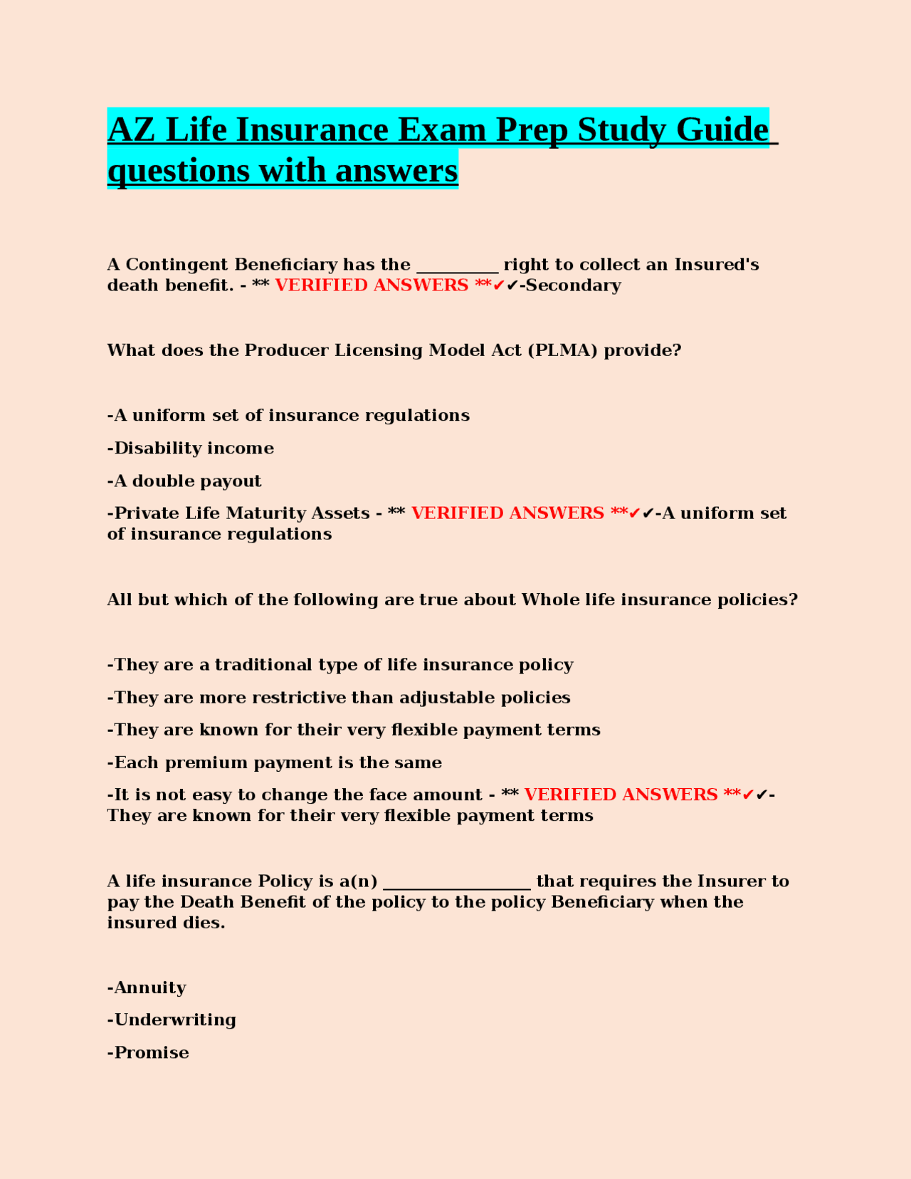 AZ Life Insurance Exam Prep Study Guide questions with answers | Exams ...