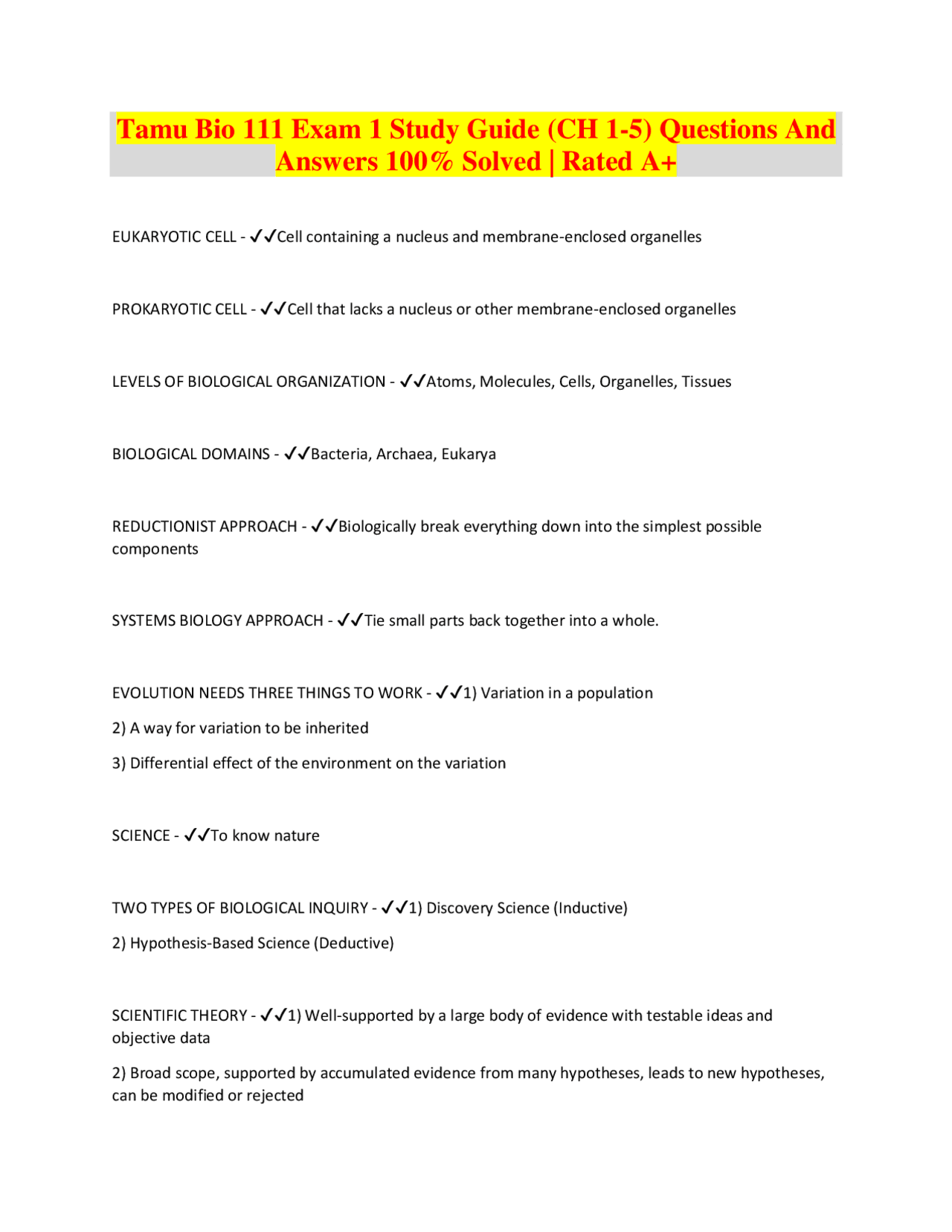 Biology 111 Exam 1 Study Guide: Chapters 1-5 | Exams Biology | Docsity