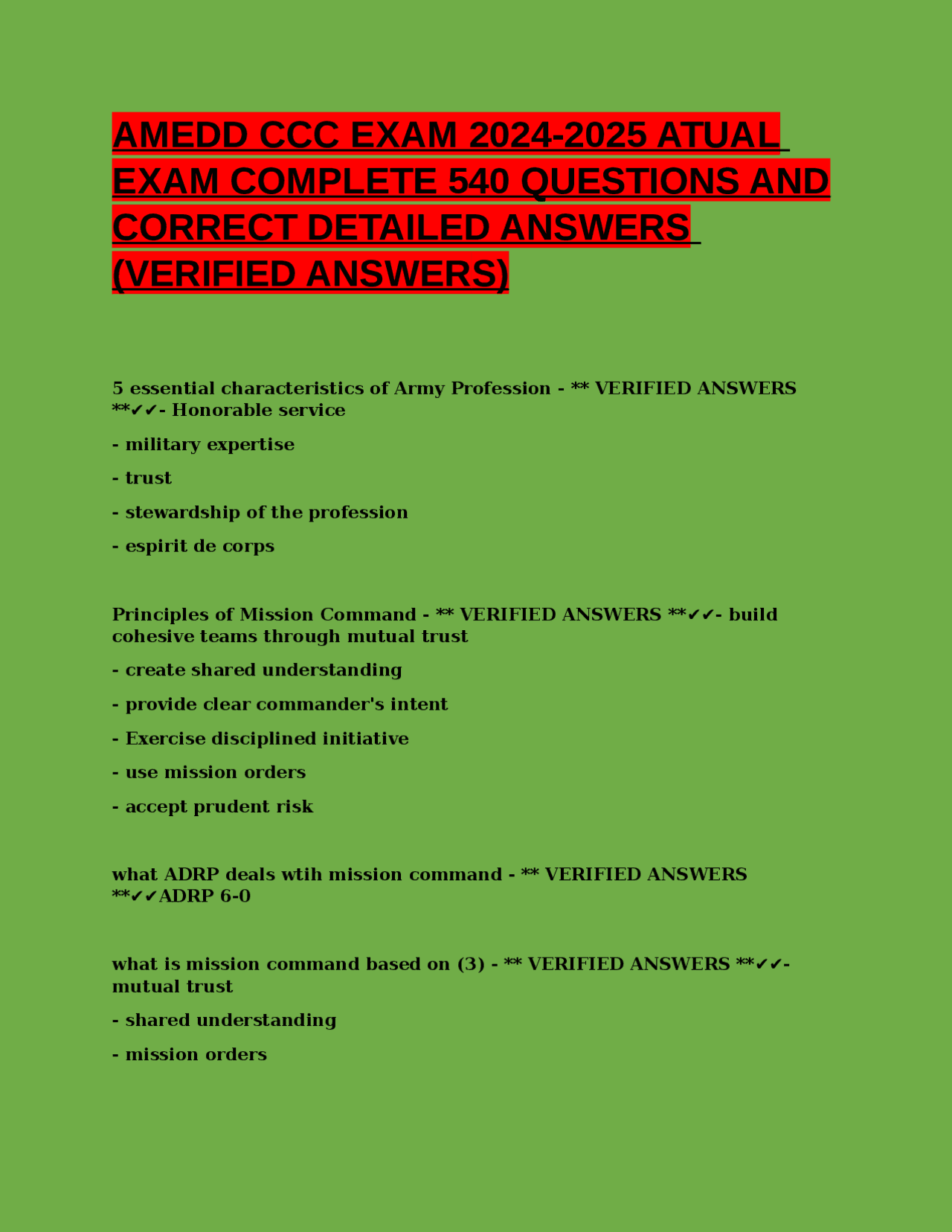 AMEDD CCC Exam 2024-2025: Comprehensive Study Guide with Verified ...