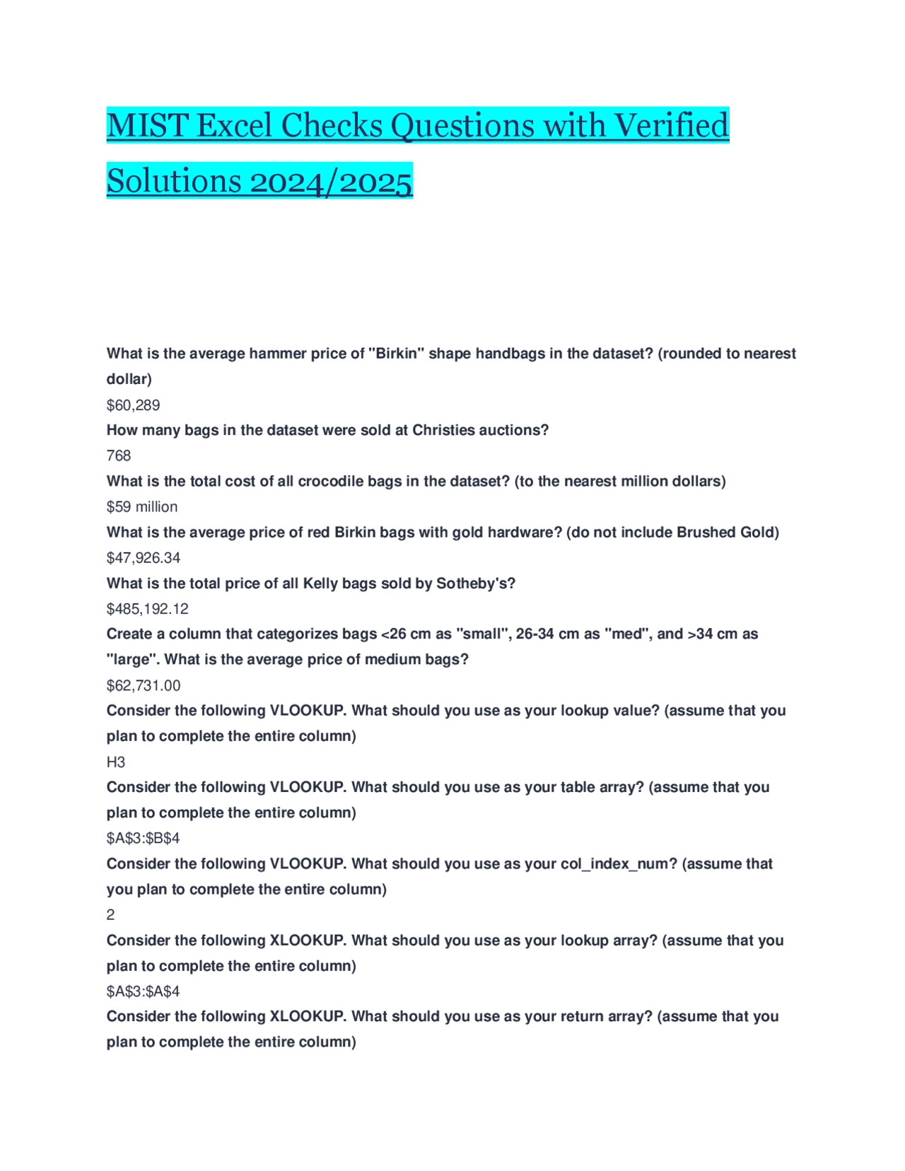 MIST Excel Checks Questions with Verified Solutions 2024/2025 | Exams ...