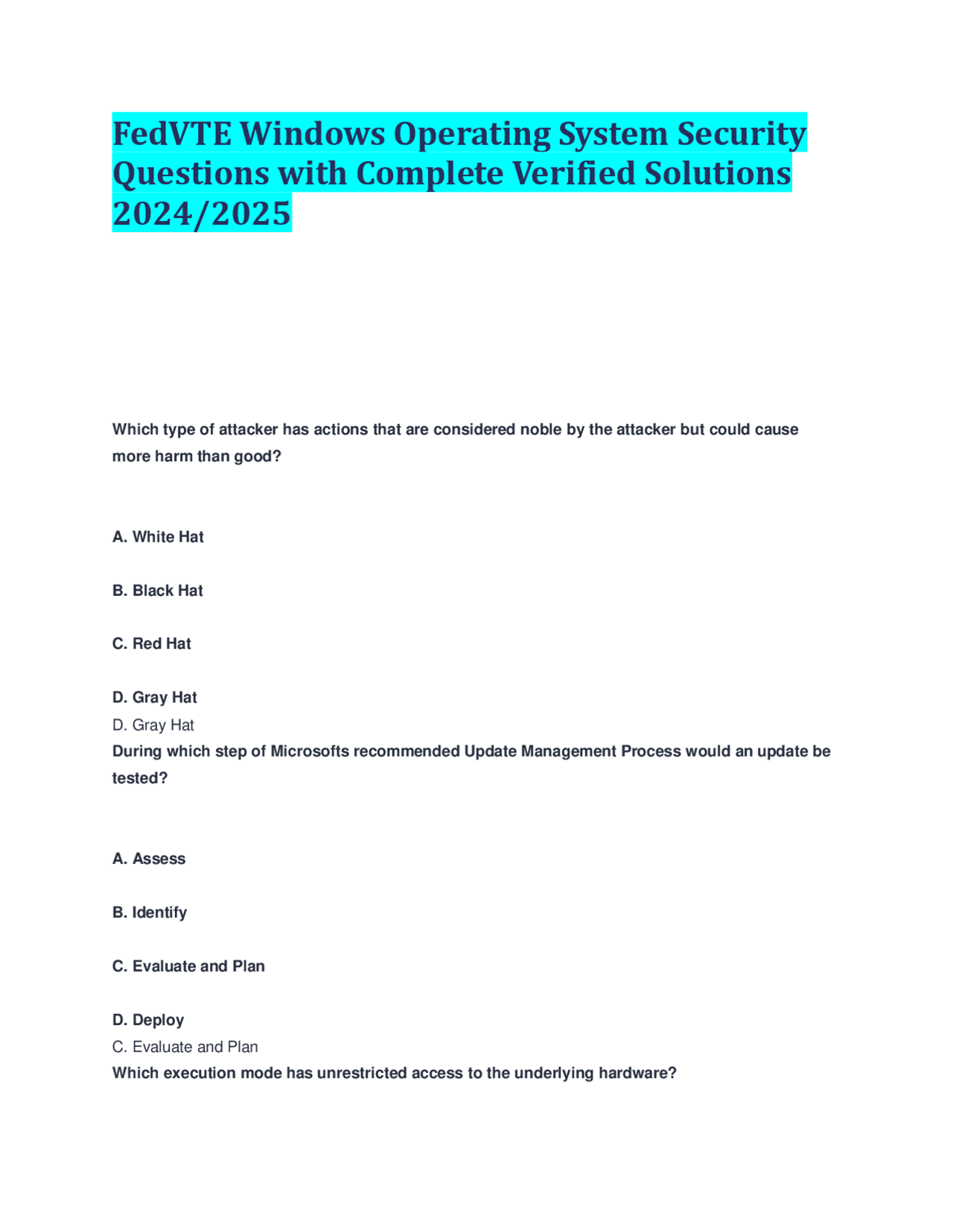 FedVTE Windows Operating System Security Questions with Complete Verified Solutions 2024/2 ...