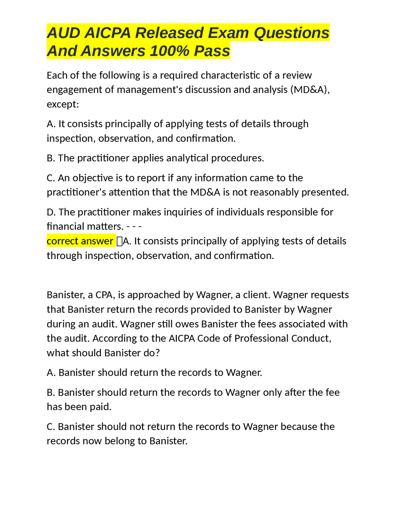 AICPA Released Exam Questions and Answers for Auditing | Exams Auditing ...