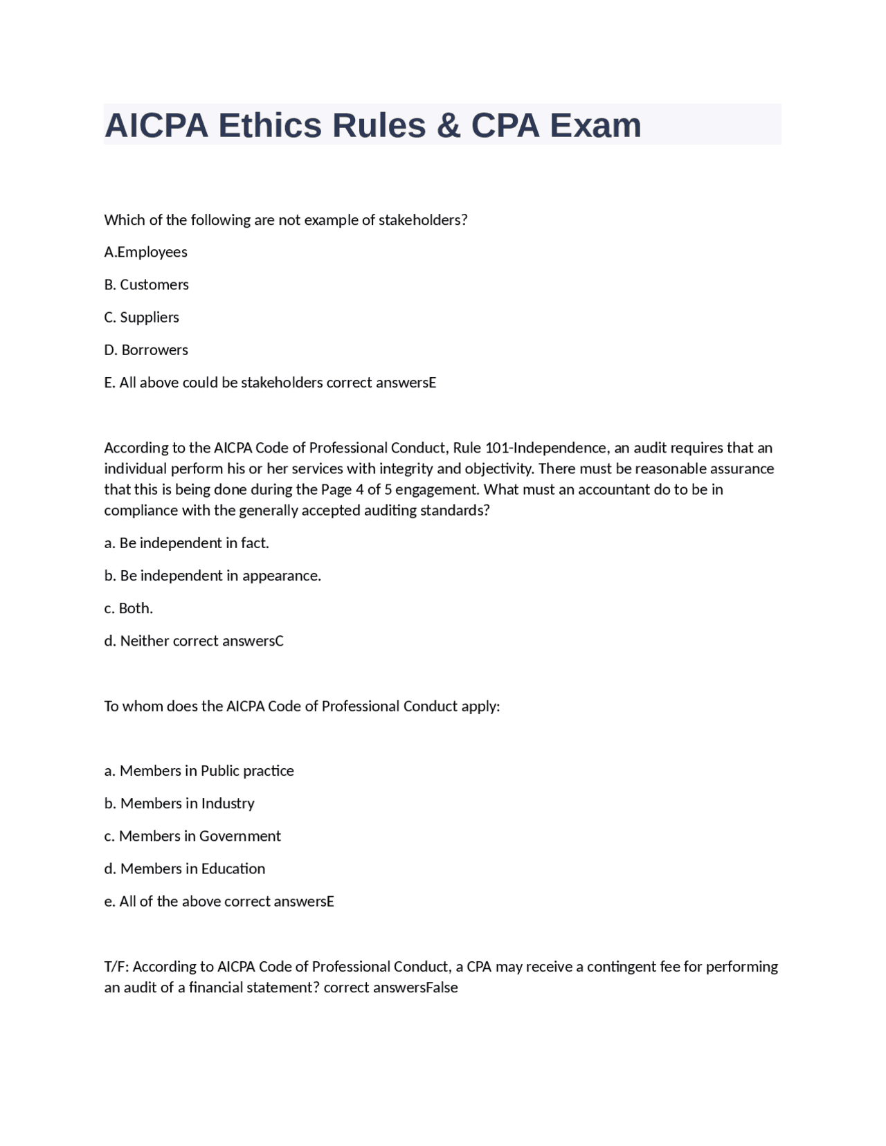 AICPA Ethics Rules & CPA Exam: Multiple Choice Questions and Answers | Exams Ethics | Docsity