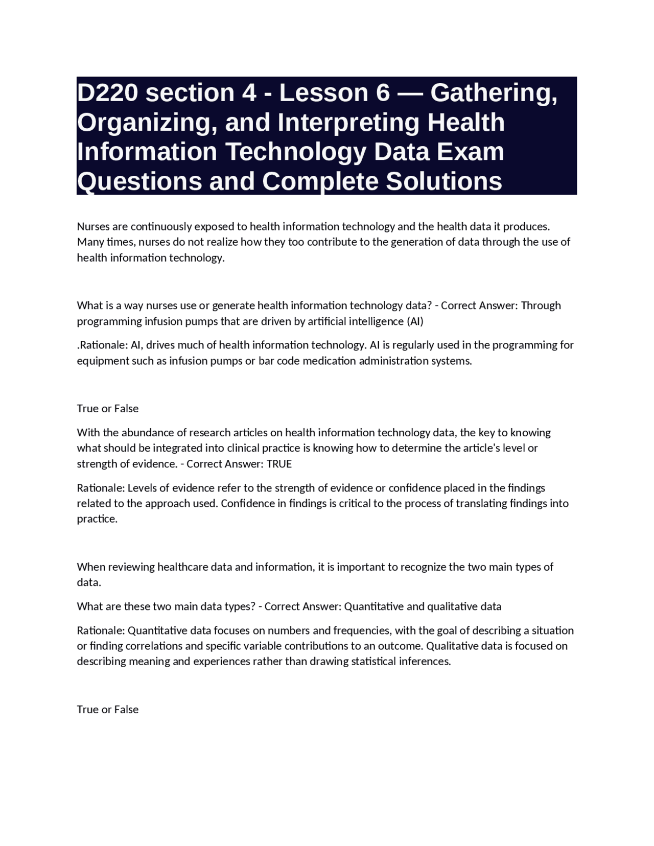 Health Information Technology Data Exam Questions and Complete ...