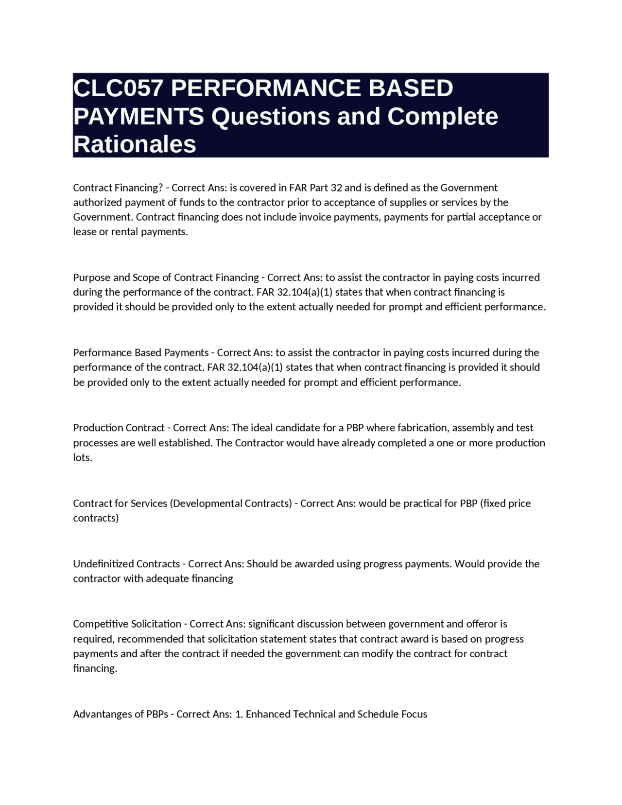 Performance Based Payments (PBP) in Government Contracts: Questions and ...
