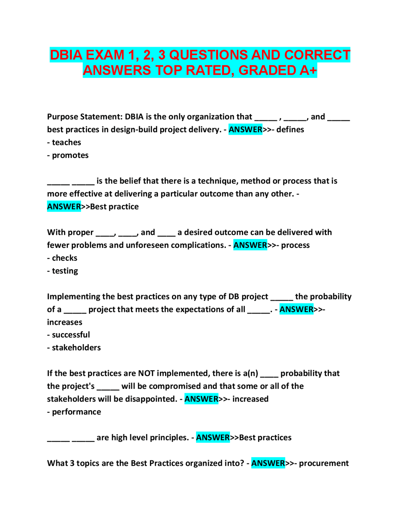 DBIA Exam Questions and Answers: Design-Build Best Practices | Exams ...